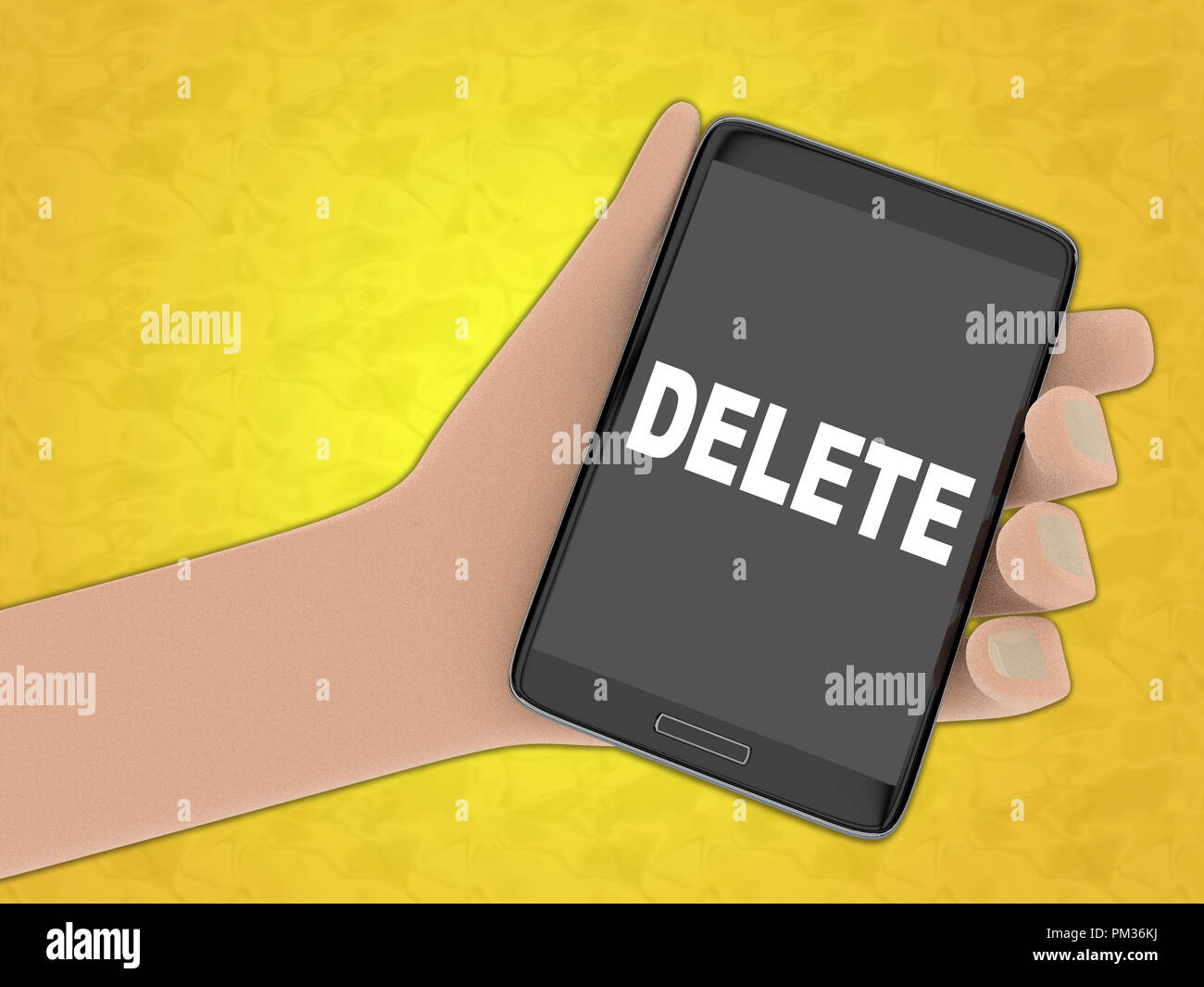 3D illustration of DELETE script on the screen of a cellulr phone held ...