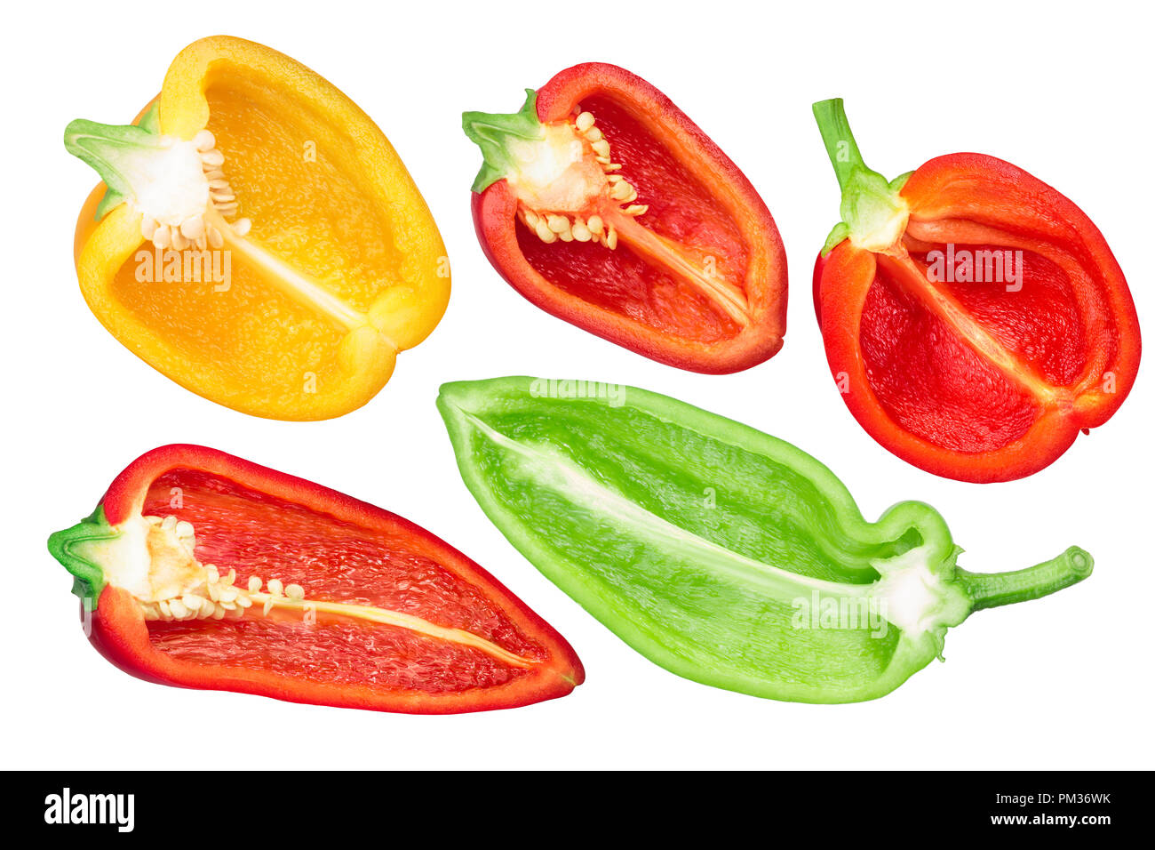 Sweet bell pepper halves (Capsicum annuum), top view. Cultivars ...