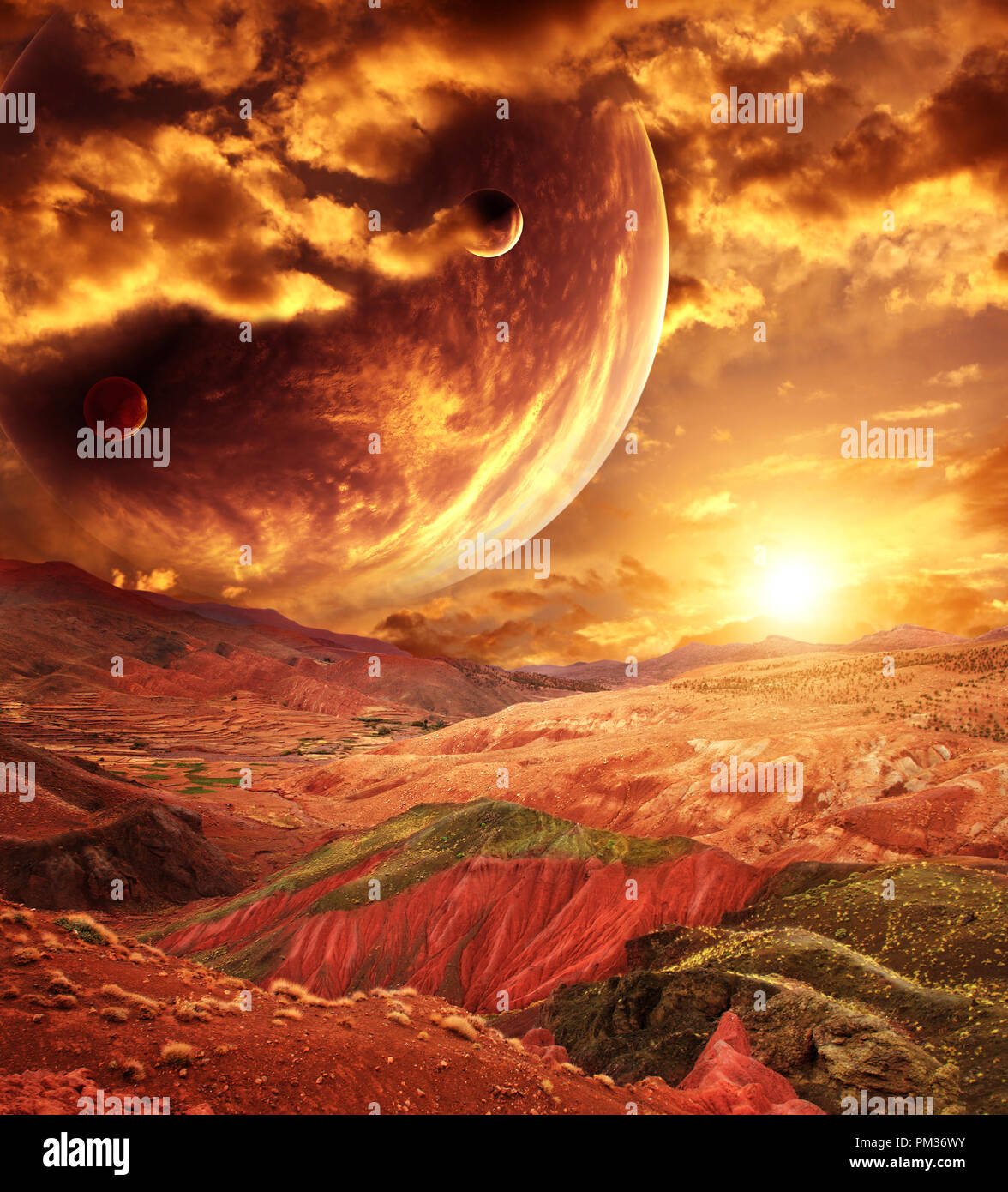 Fantastic landscape with planet, mountains and sunset. Elements of this ...
