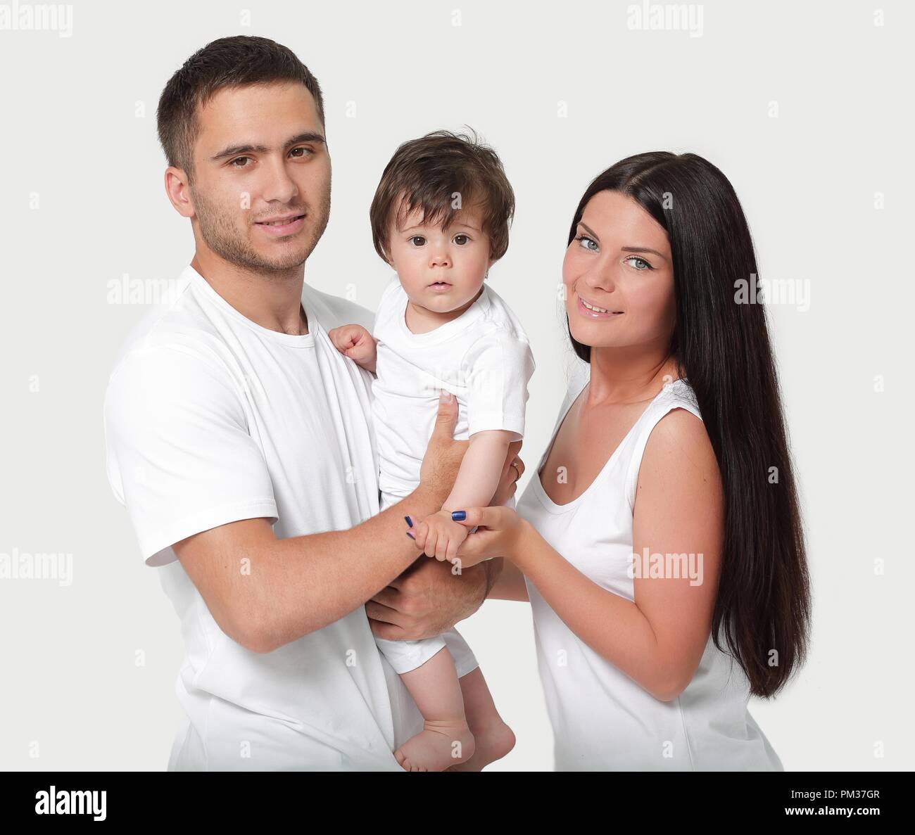 Happy family with newborn baby on a white background Stock Photo - Alamy
