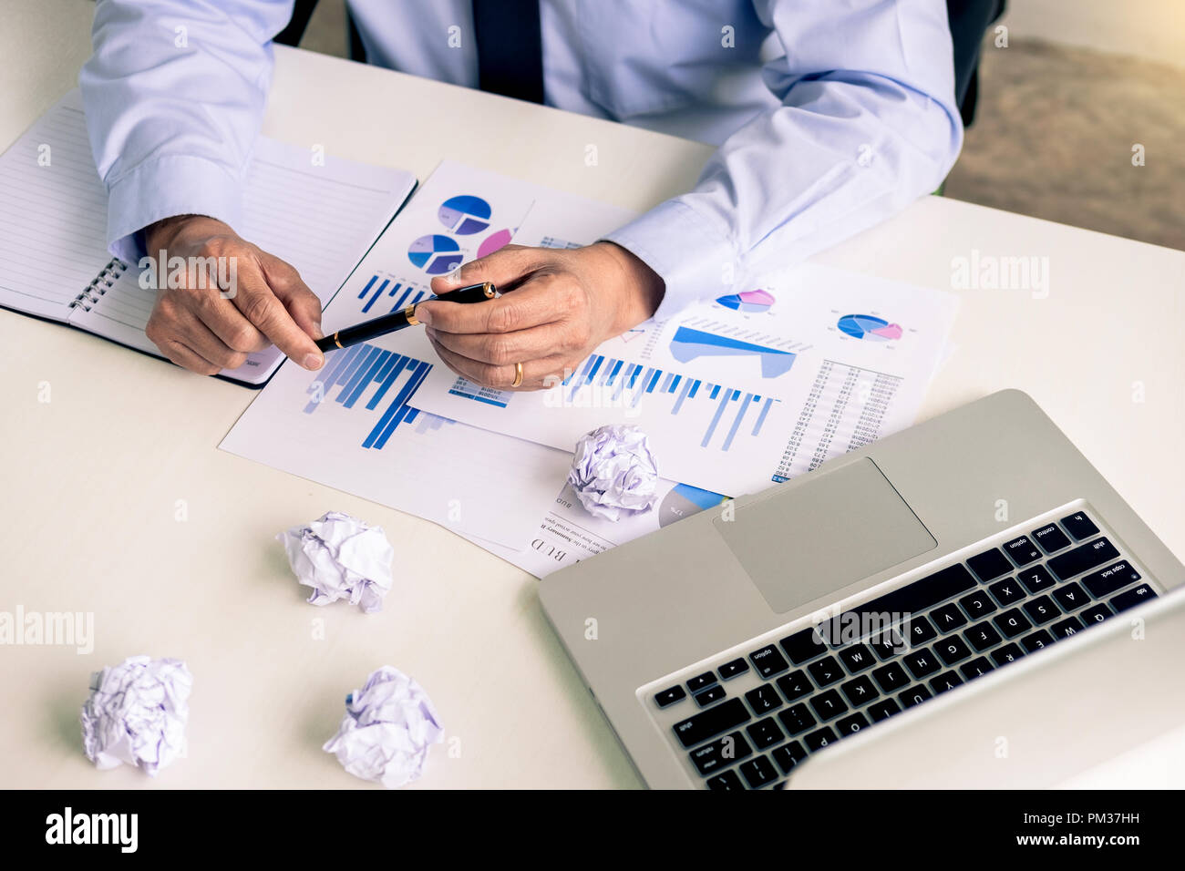 Depressed failure and tired businessman late sad and solving problem in ...