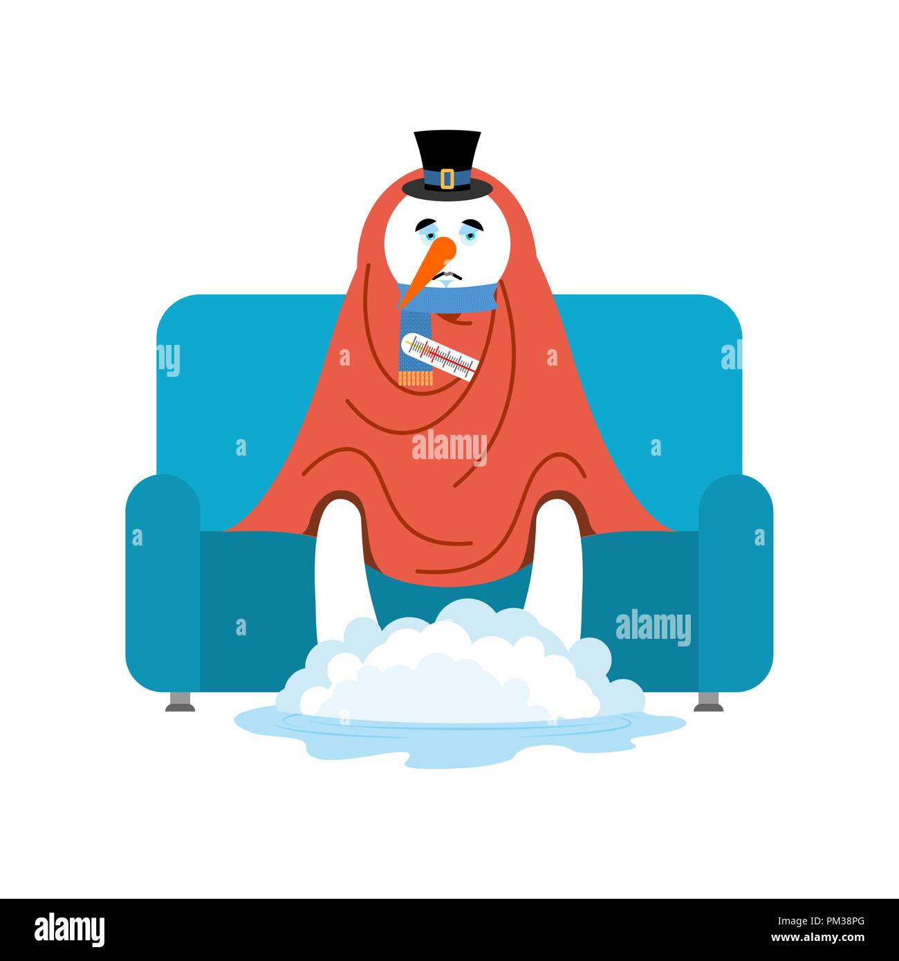 Snowman sick sitting in armchair wrapped in blanket. Cyborg illness ...