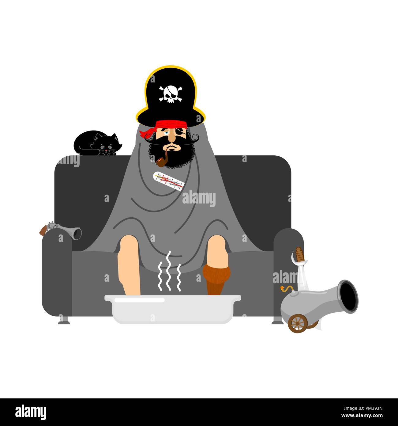 Pirate sick sitting in armchair wrapped in blanket. Filibuster illness ...