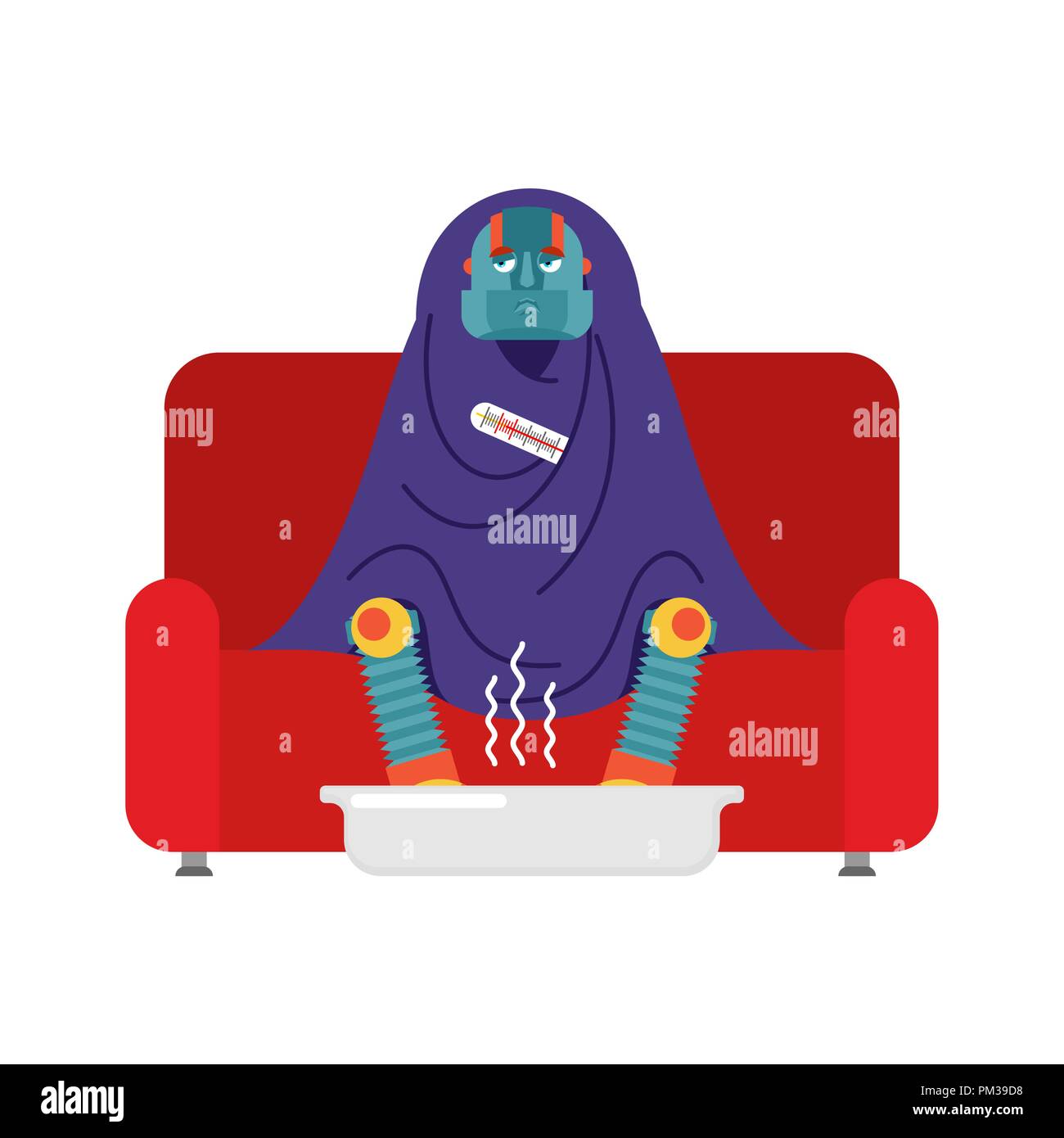 Robot sick sitting in armchair wrapped in blanket. Cyborg illness ...