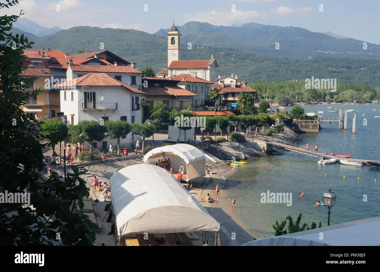 Italy, Piemonte, Lake Maggiore, Feriolo, village & lakeside beach Stock ...