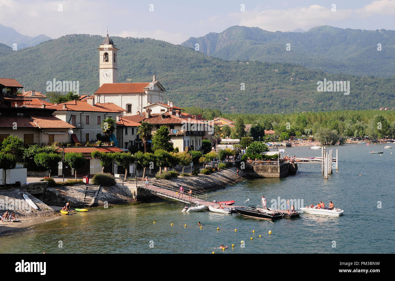 Italy, Piemonte, Lake Maggiore, Feriolo, village & lakeside beach Stock ...