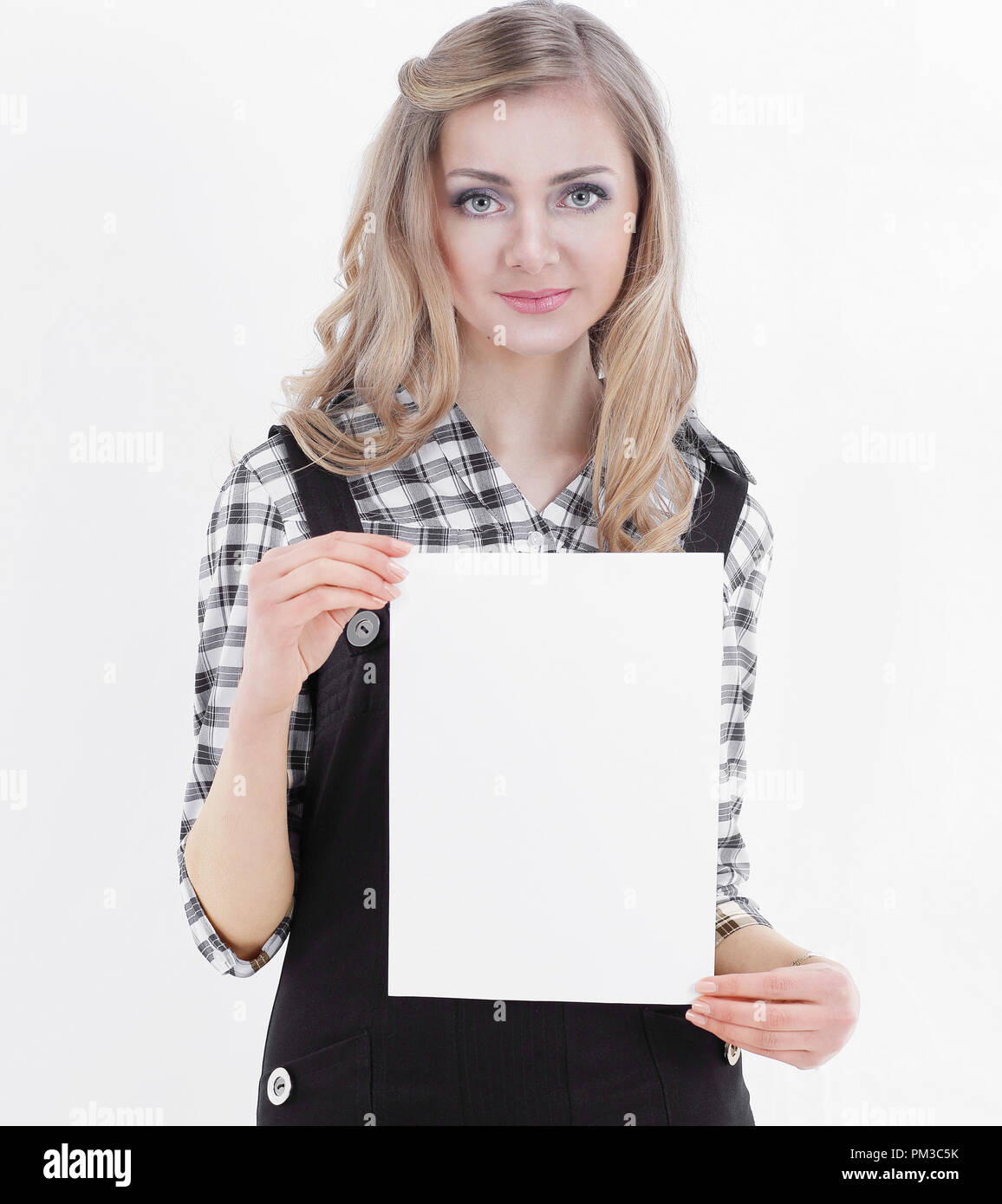 smiling business girl showing blank sheet. isolated on white Stock ...