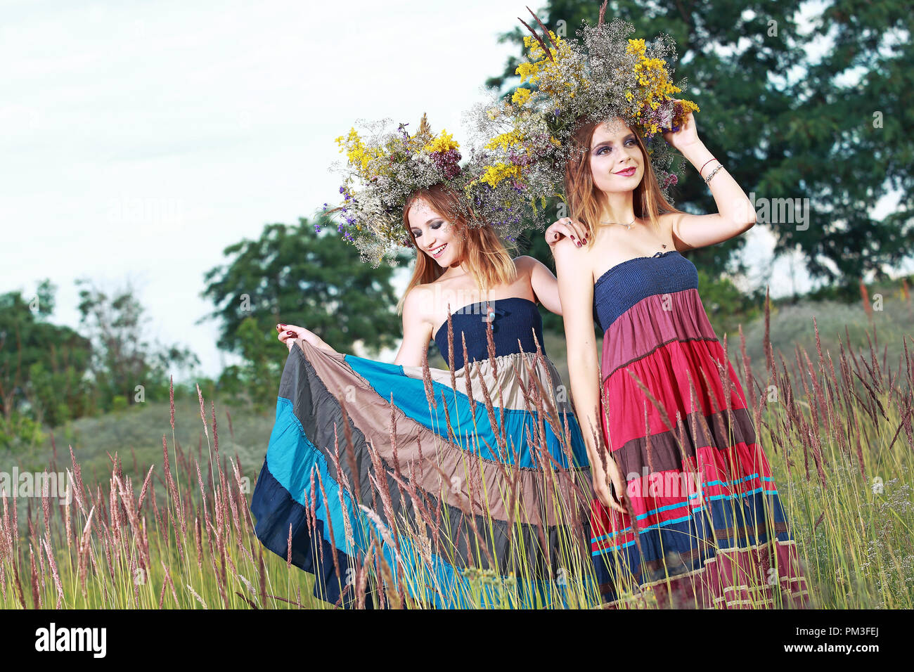A girl in a wreath of field flowers Stock Photo - Alamy