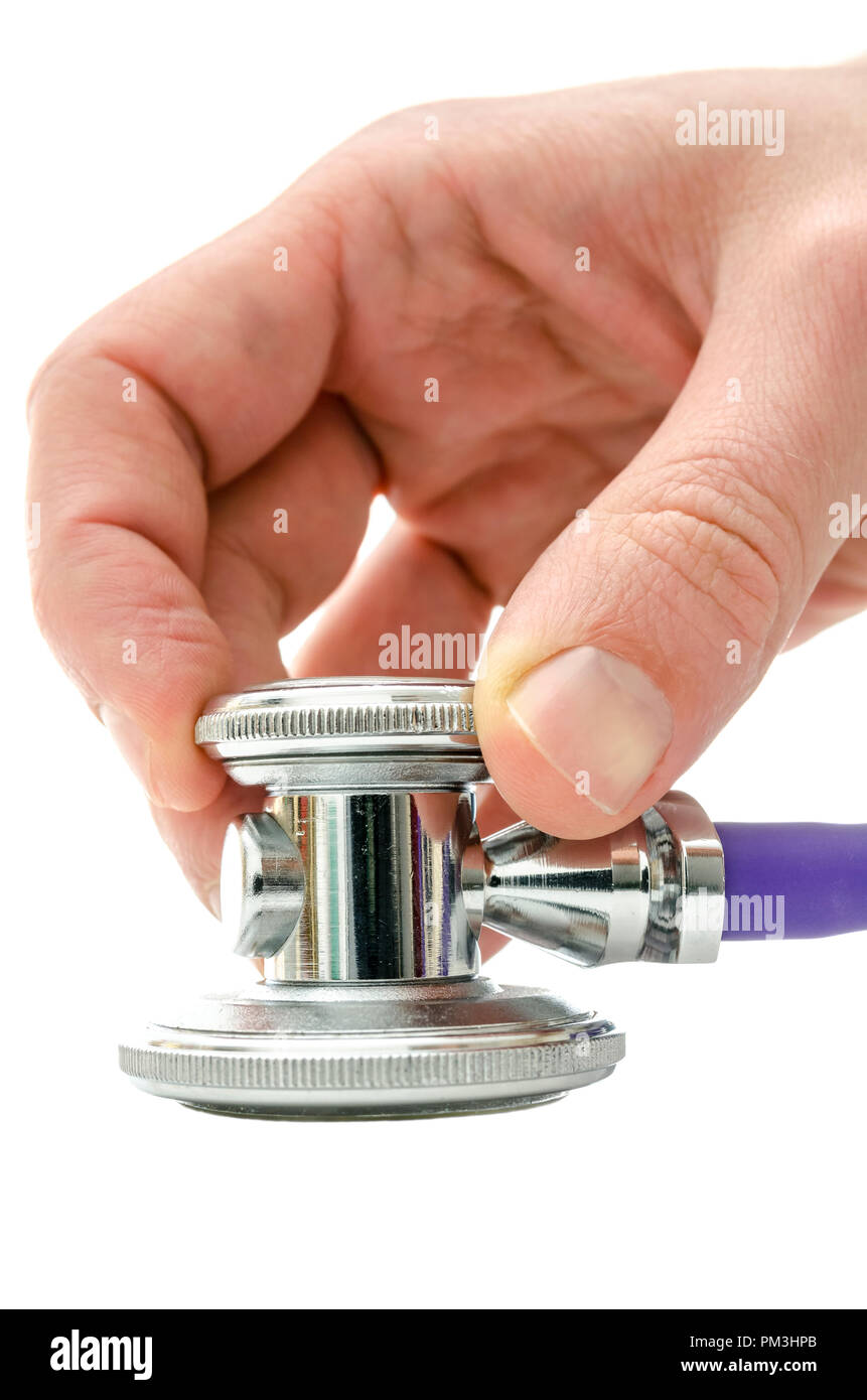 Side view of holding a medical stethoscope. Isolated over white ...