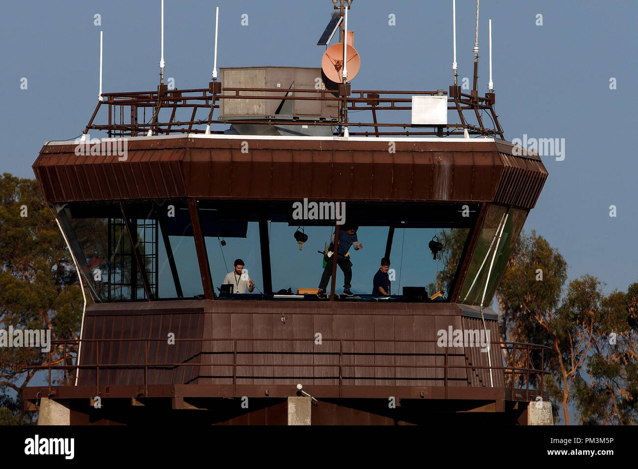 Detailed view of the FAA air traffic control tower with a window washer ...