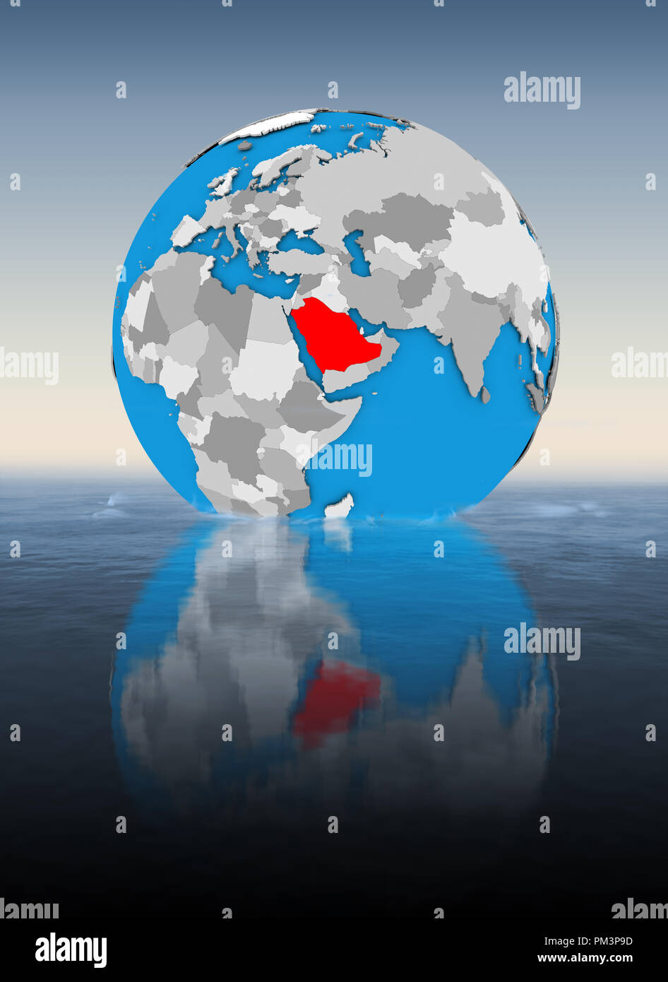 Saudi Arabia on globe floating in water. 3D illustration Stock Photo ...