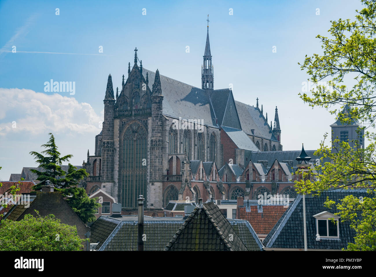 Aerial view of the Leiden cityscape from the historical Burcht van Leiden castle at Netherlands ...