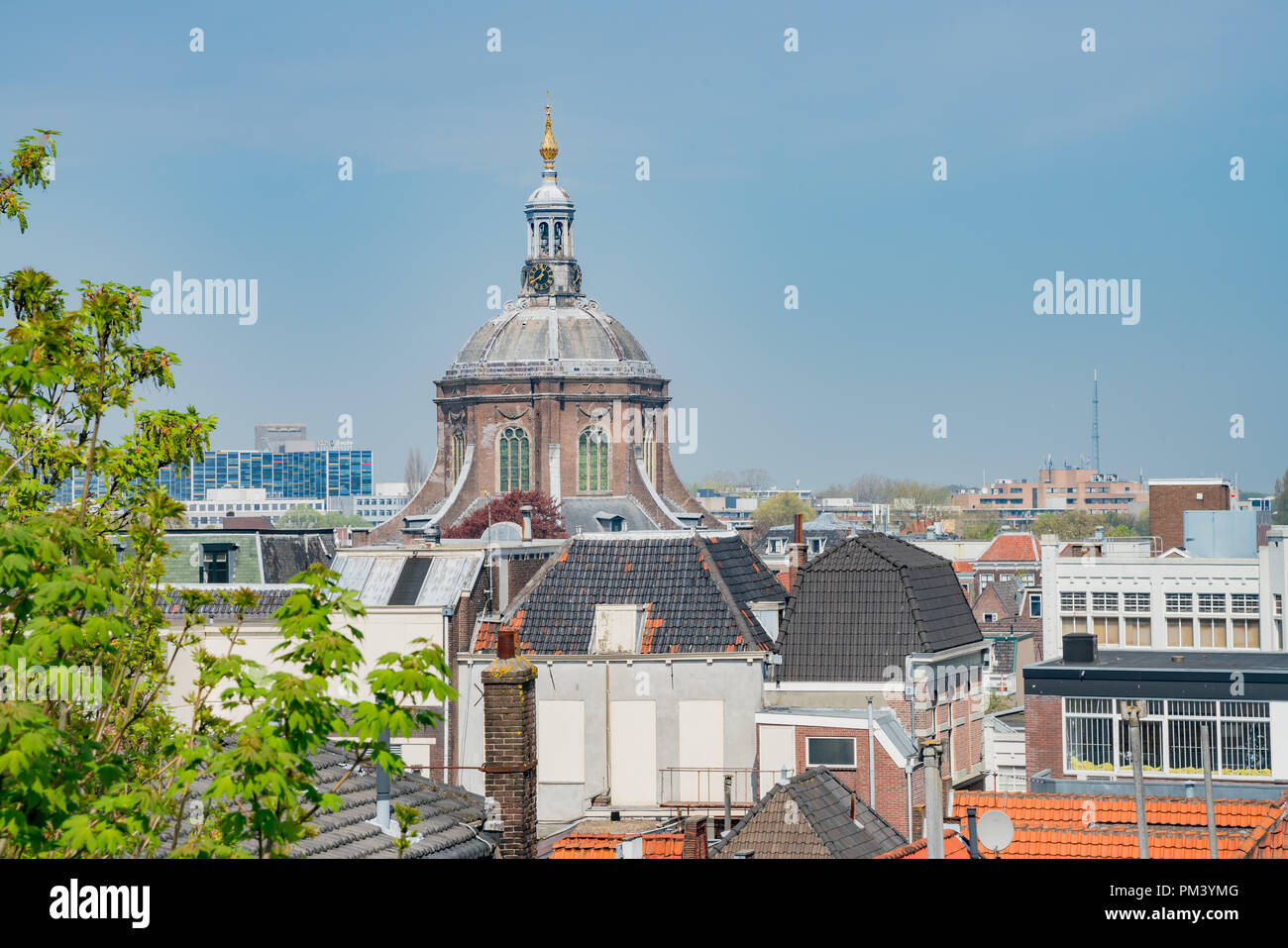 Aerial view of the Leiden cityscape from the historical Burcht van Leiden castle at Netherlands ...