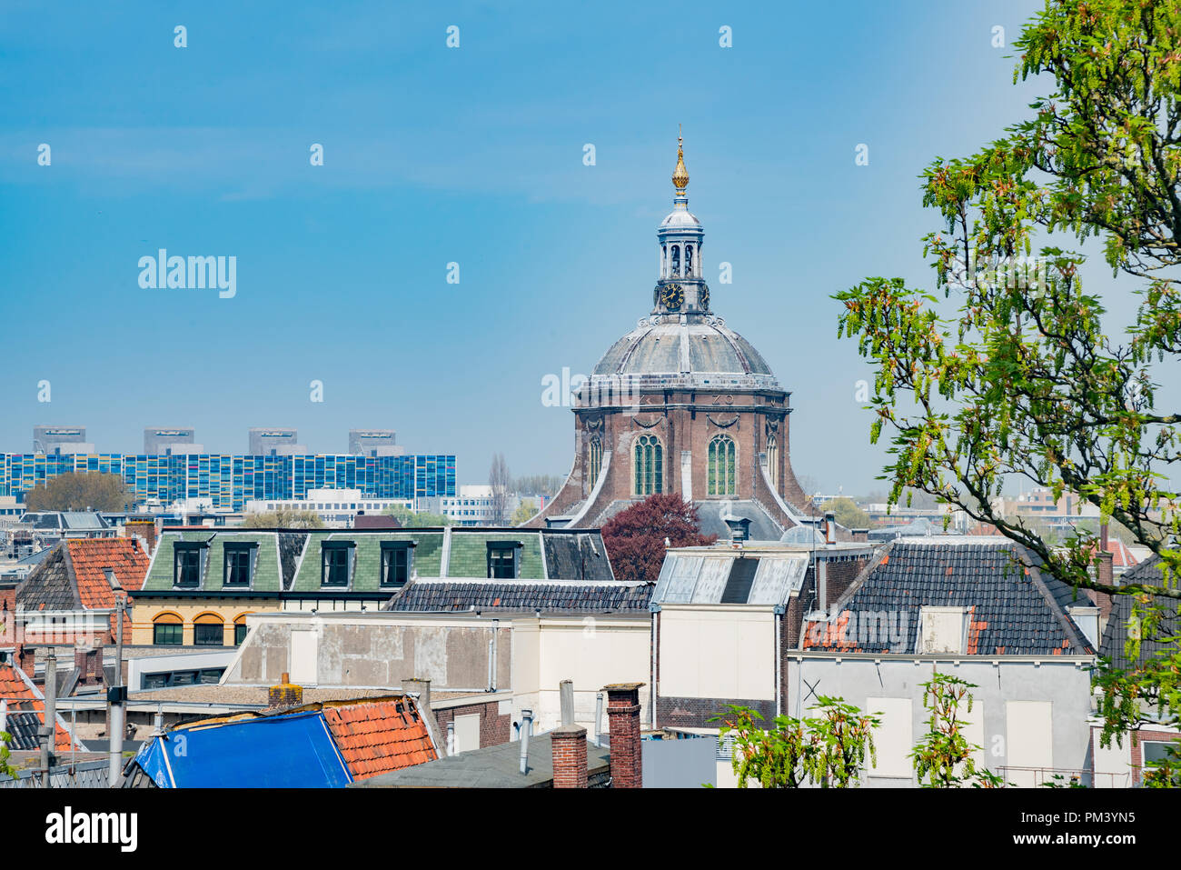 Aerial view of the Leiden cityscape from the historical Burcht van Leiden castle at Netherlands ...