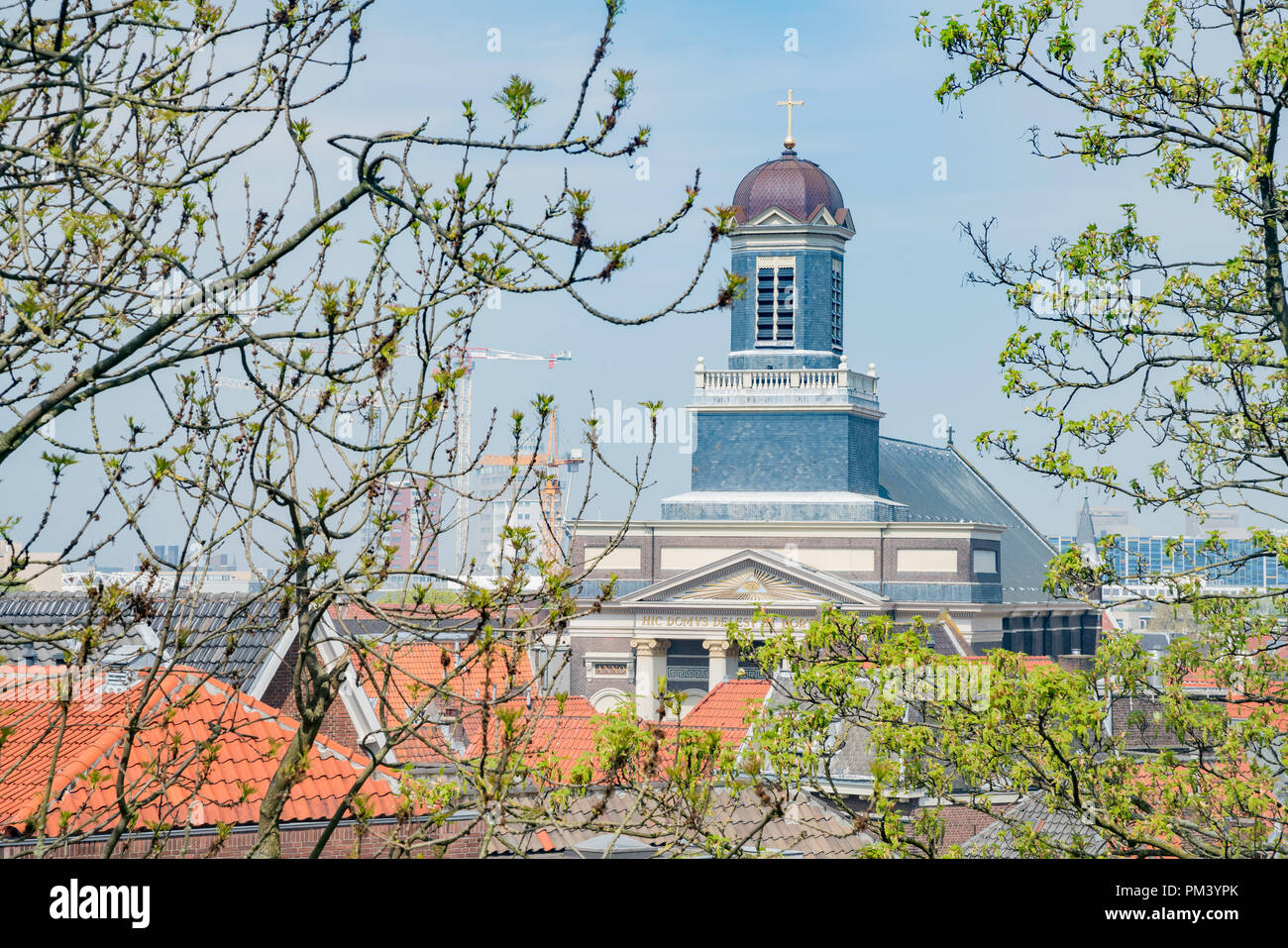 Aerial view of the Leiden cityscape from the historical Burcht van Leiden castle at Netherlands ...