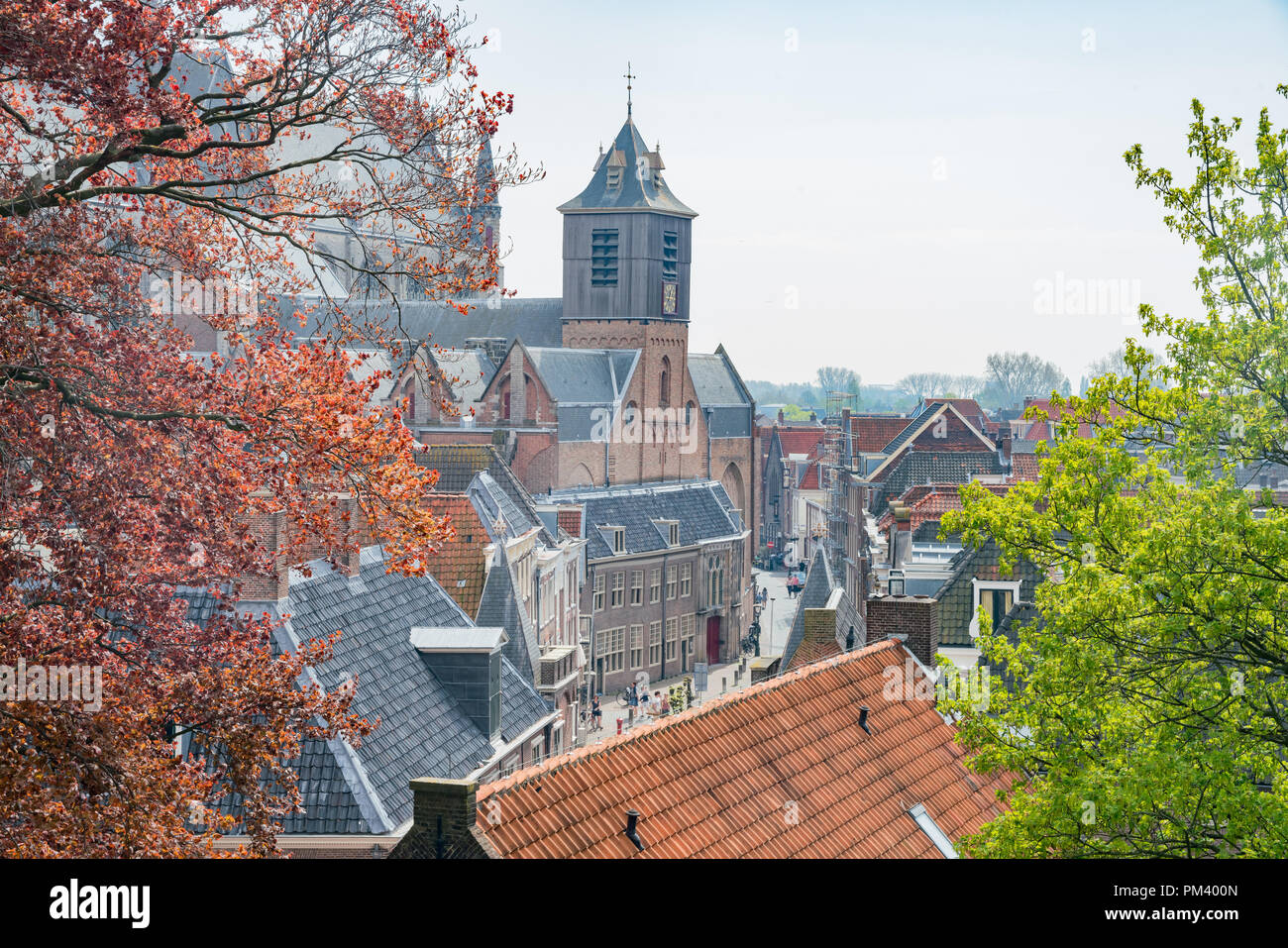 Aerial view of the Leiden cityscape from the historical Burcht van Leiden castle at Netherlands ...