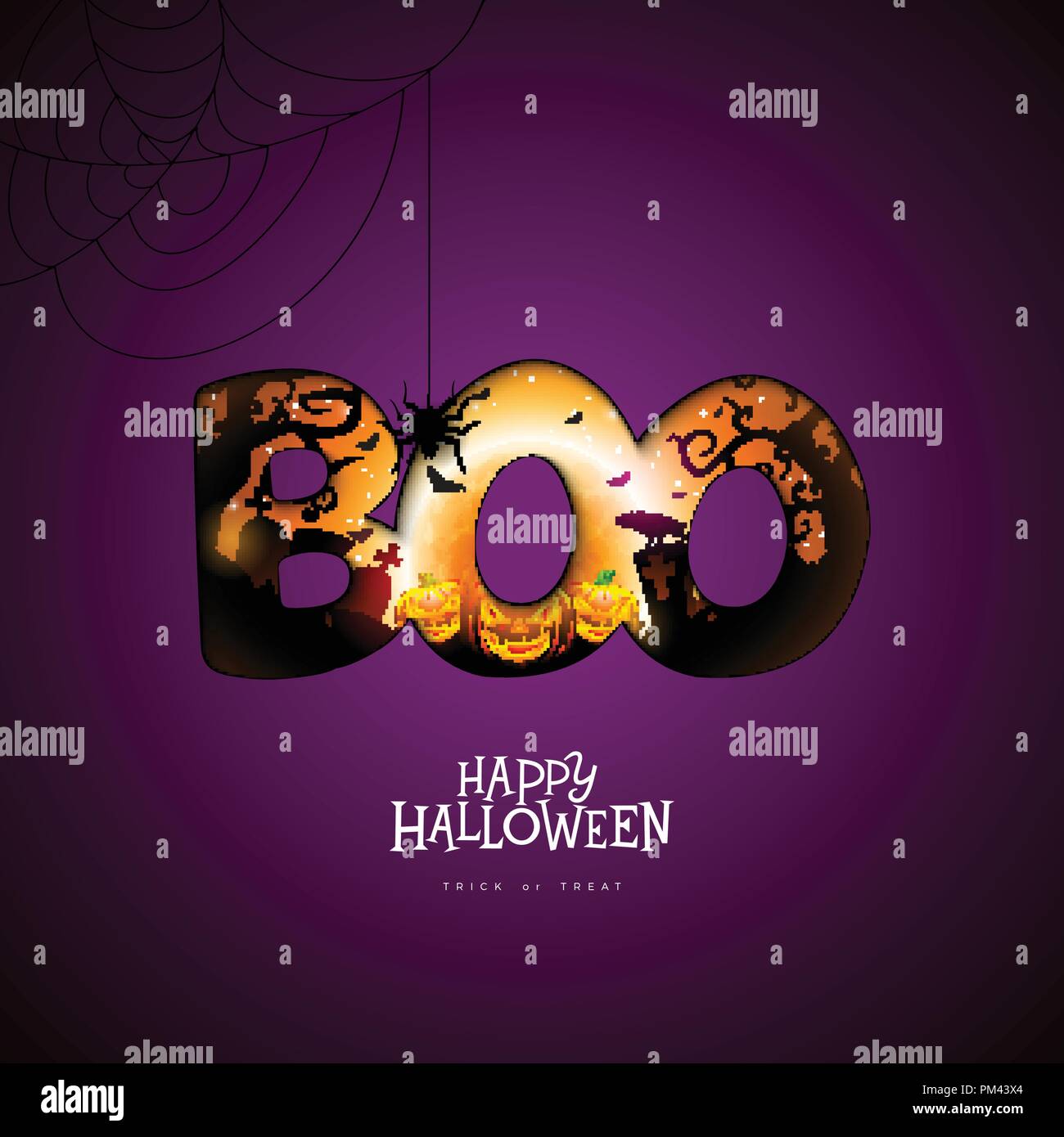 Boo, Happy Halloween design with pumpkin, moon and flying bats in ...