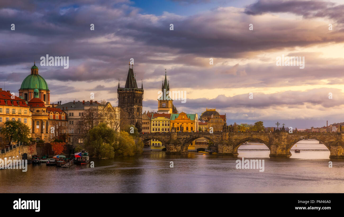 Prague Scenic spring sunset aerial view of the Old Town pier ...