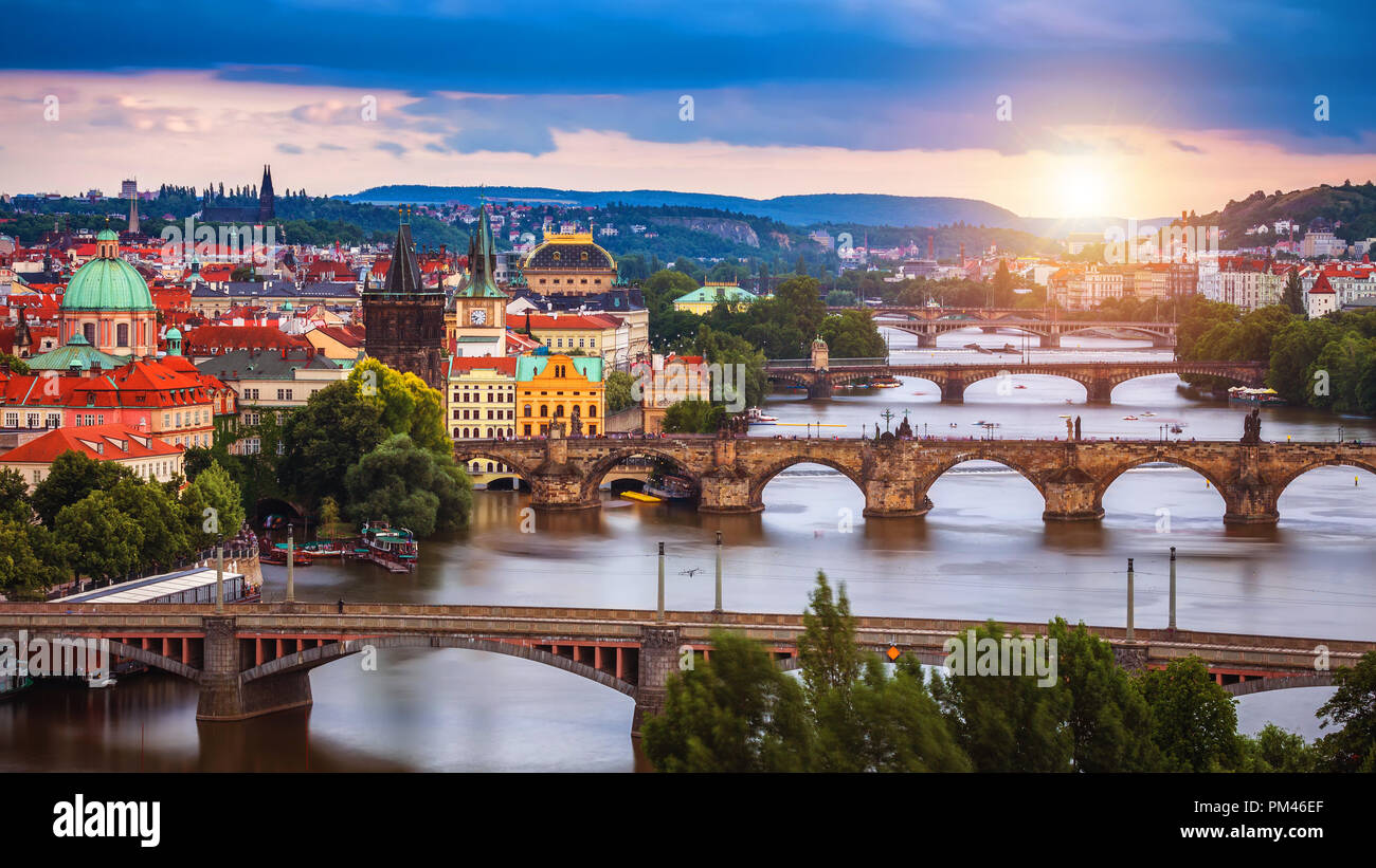 Famous iconic image of Charles bridge, Prague, Czech Republic. Concept ...