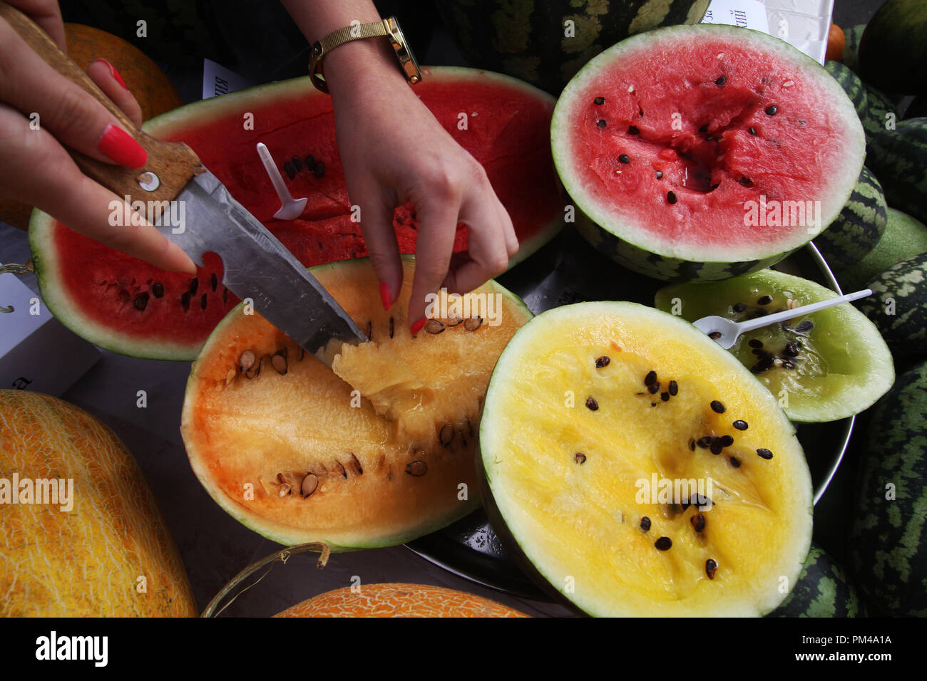 Different sorts of water-melon (red, yellow, green and orange) on the ...
