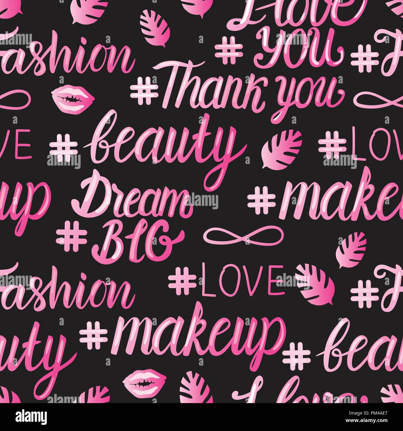 Female beauty inscription seamless pattern. Pink lettering isolated on ...