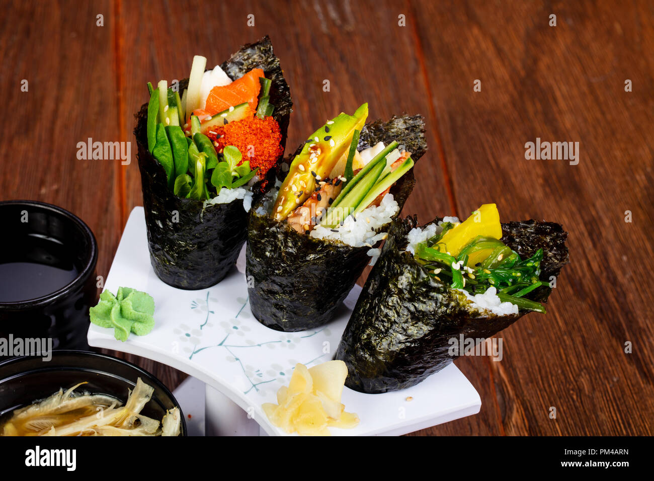 Japanese Temaki set with miso soup and seafood Stock Photo - Alamy