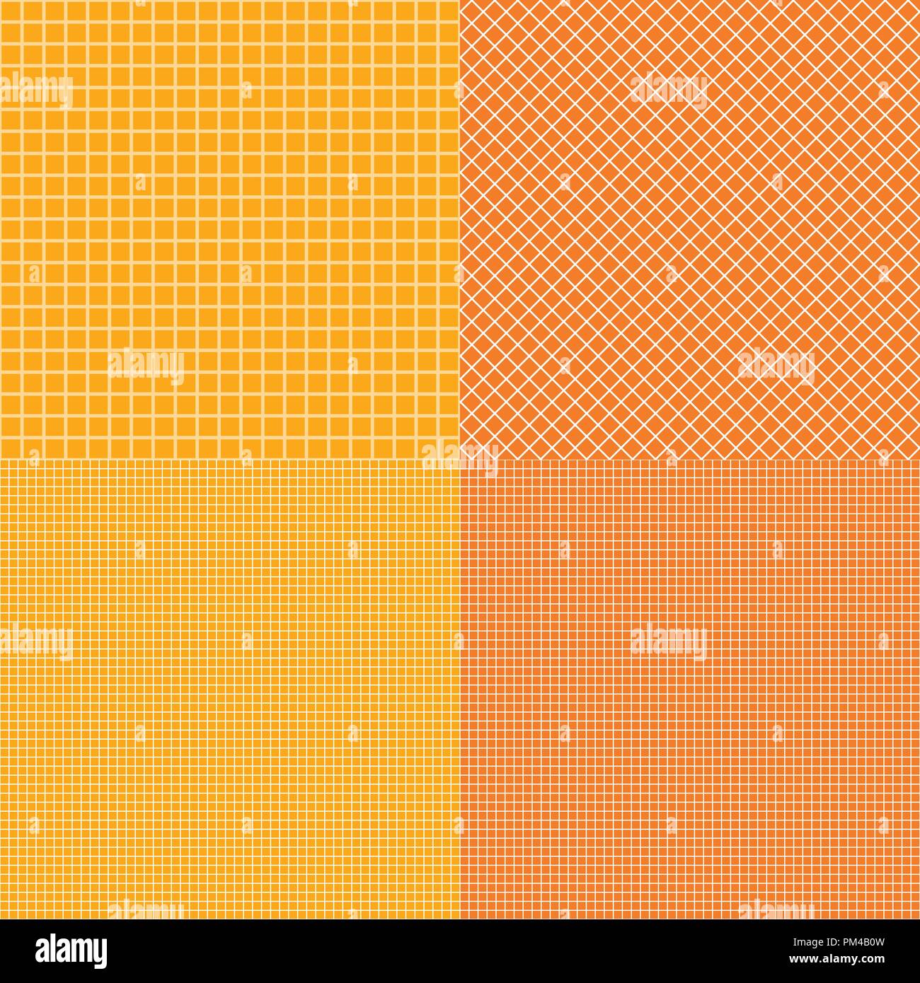 Set of striped and grid cells seamless patterns. Orange with yellow ...