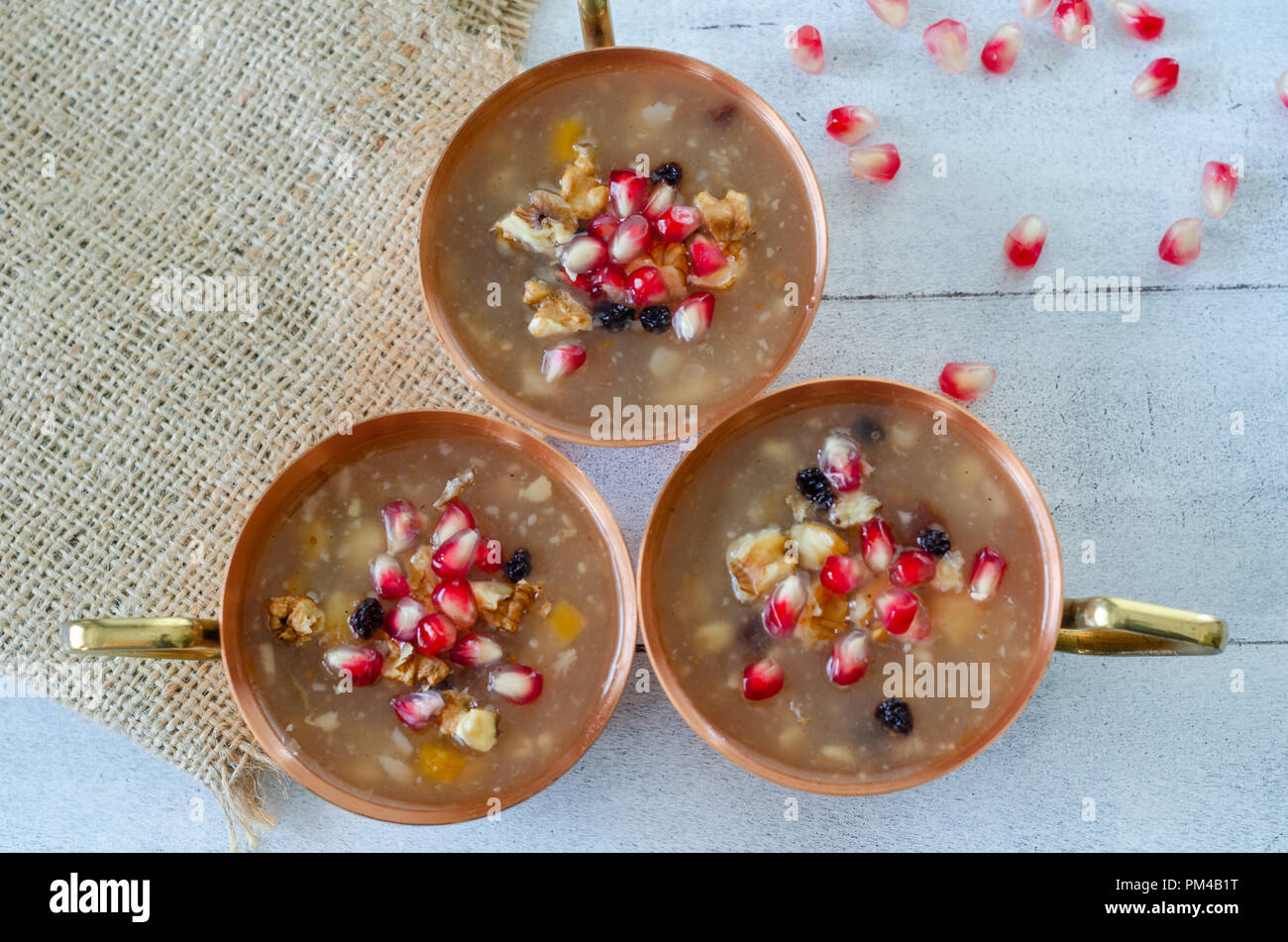 Noah's pudding in copper bowl. The dried fruits, legumes and cereals ...