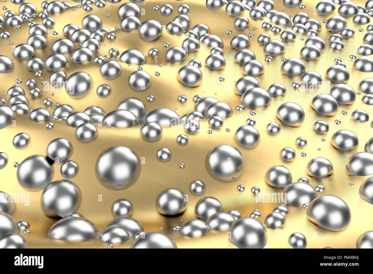 Silver or white gold platinum spheres over metal yellow wave background ...