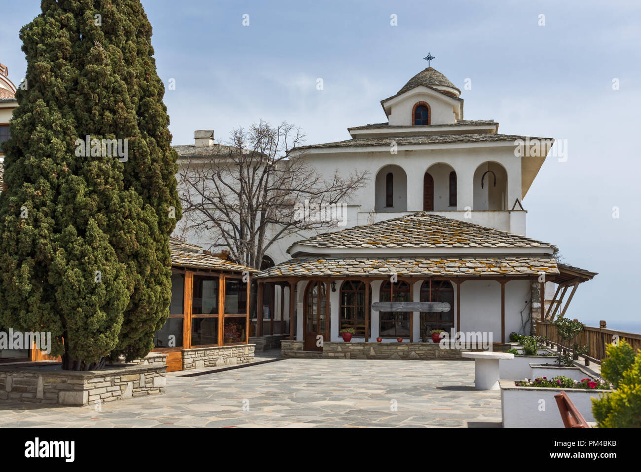 Church and spring flowers in Archangel Michael Monastery in Thassos ...