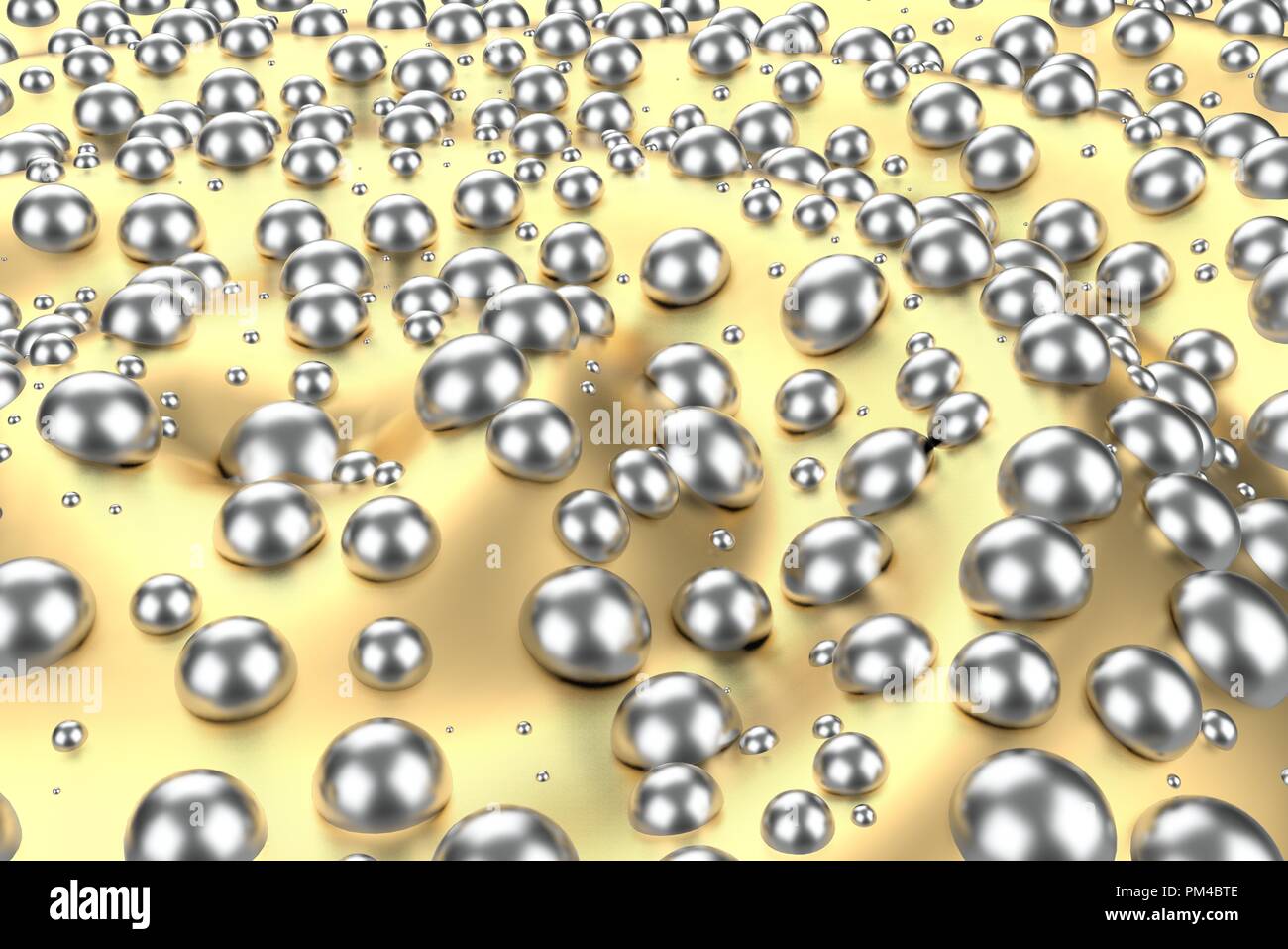Silver or white gold platinum spheres over metal yellow wave background ...