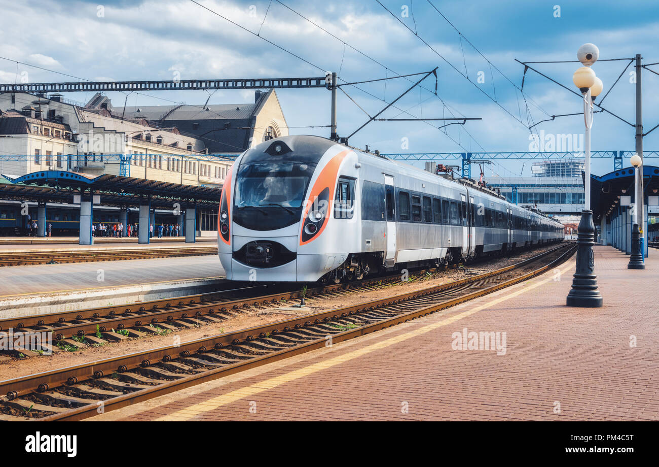 High speed train at the railway station in Ukraine. Modern intercity ...