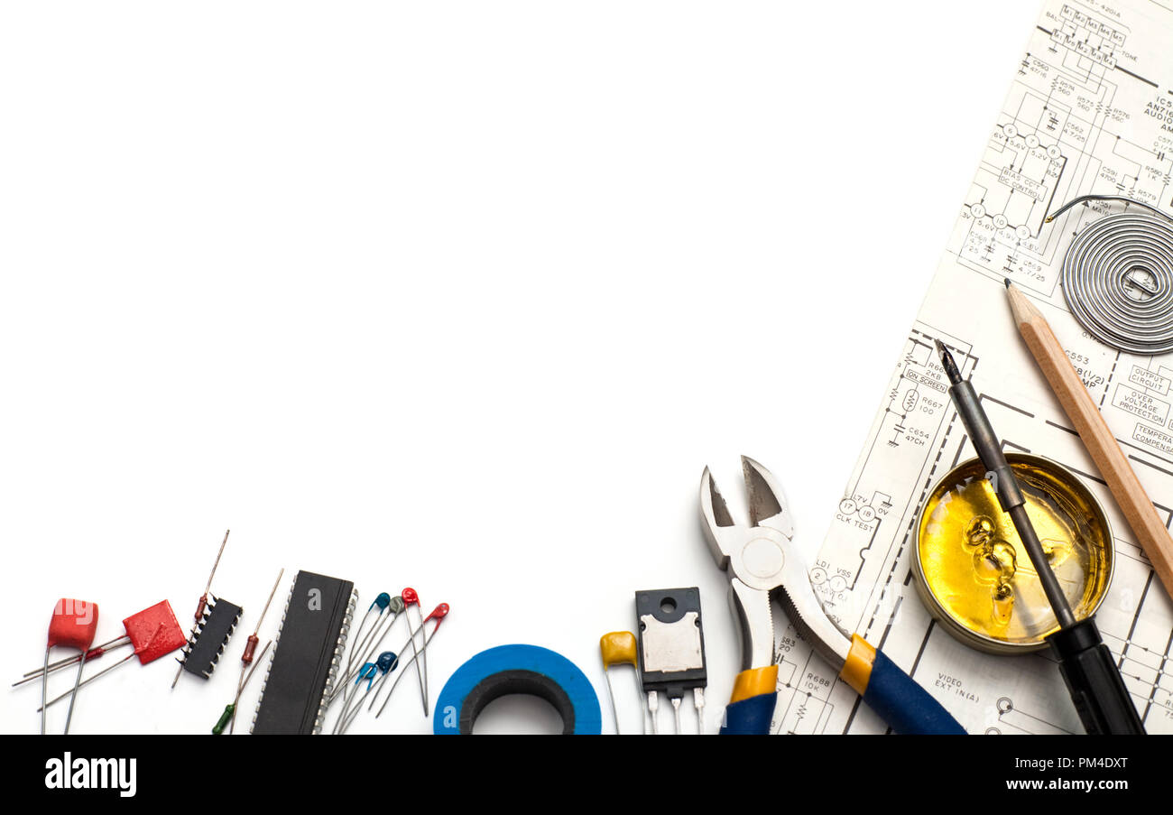 Set of electronic tools components and scheme on white background Stock ...