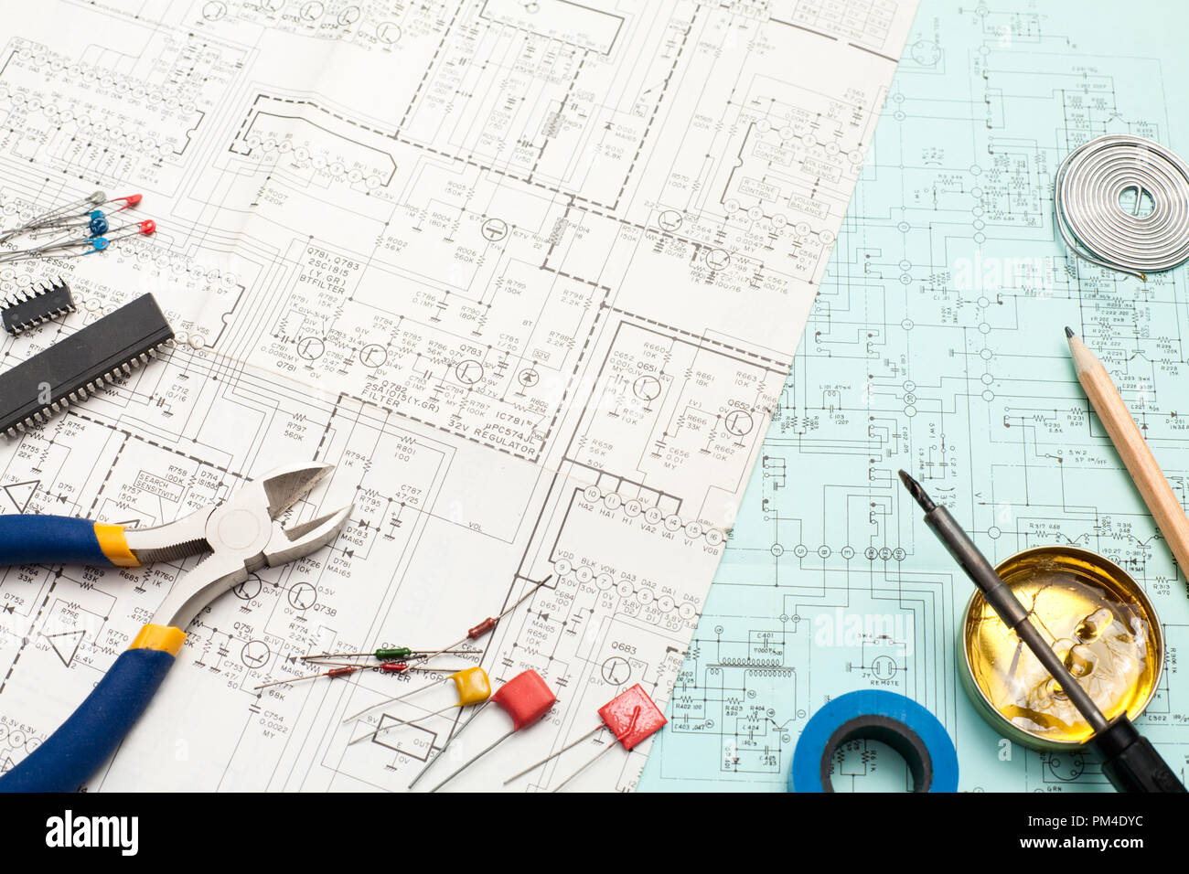 Electronic tools and components on a scheme Stock Photo - Alamy