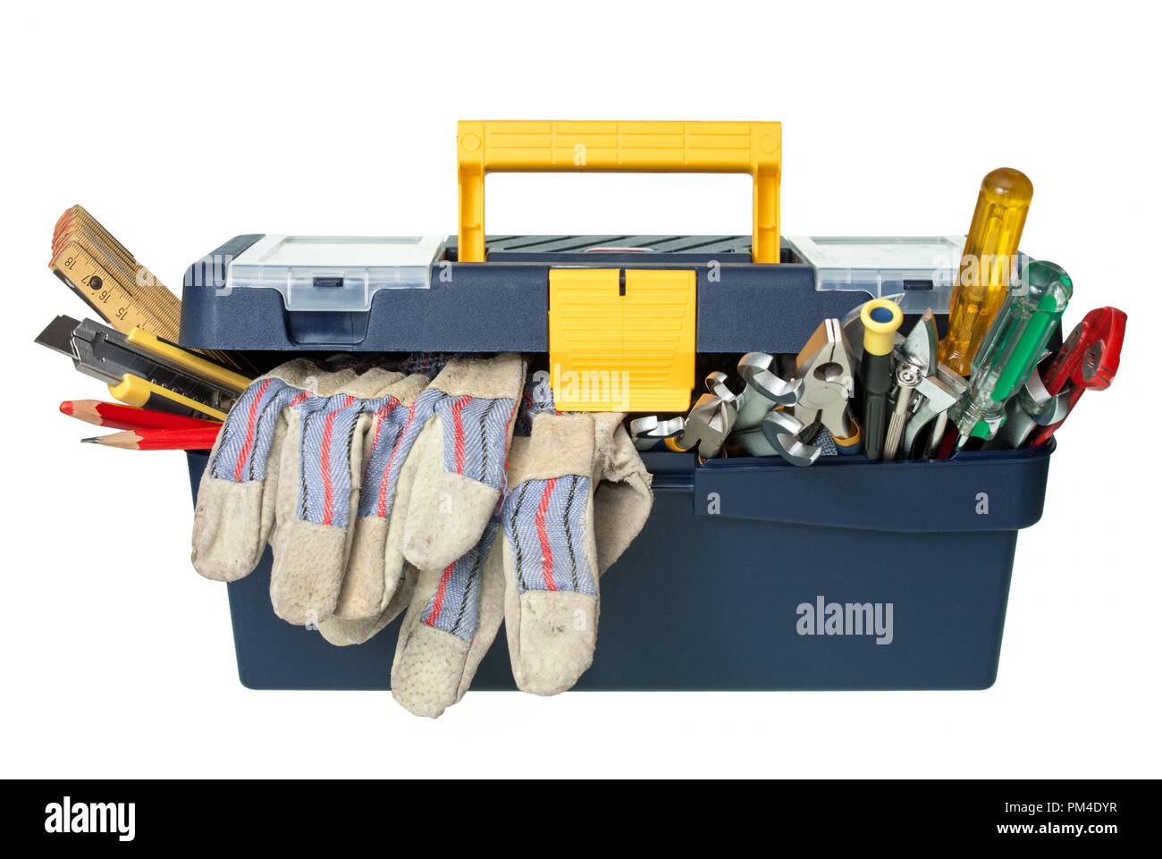 Plastic workbox with assorted tools on white background Stock Photo - Alamy