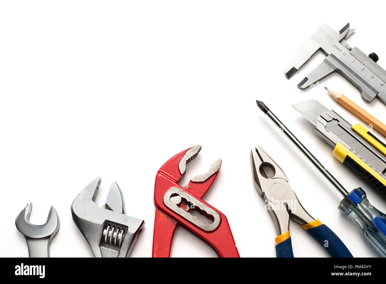 Group of used tools on white background Stock Photo - Alamy