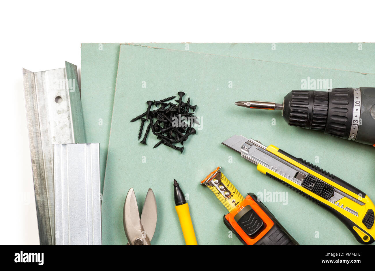 Plasterboard tools set with screws tape measure screwgun cutter marker ...
