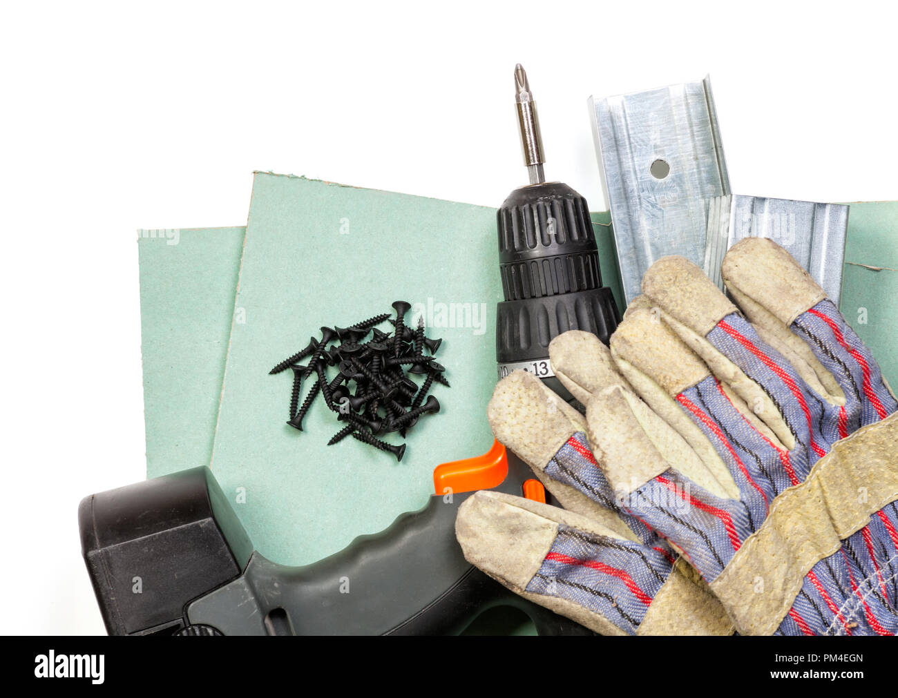 Plasterboard tools set with metal studs screws screwdriver and ...