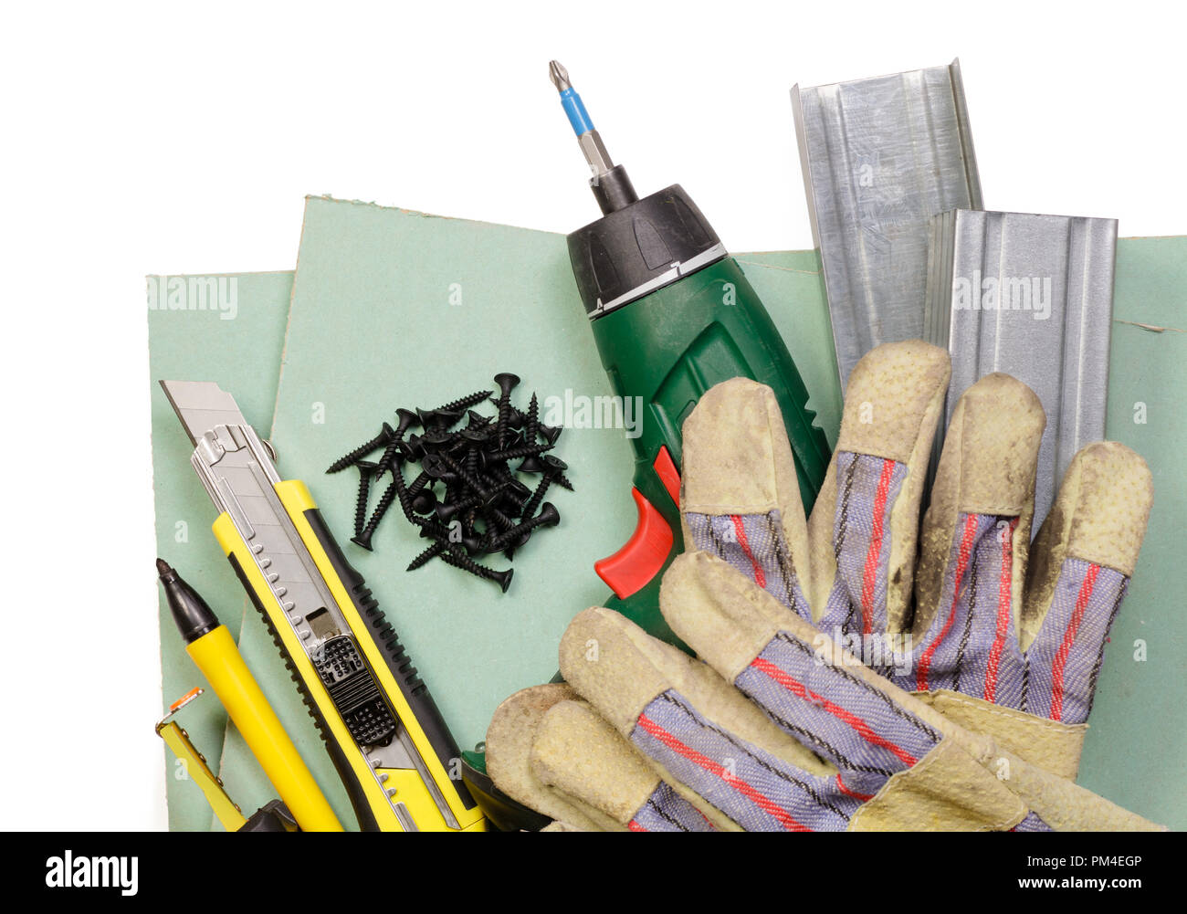 Plasterboard tools set with metal studs, screws, screwgun, cutter and ...