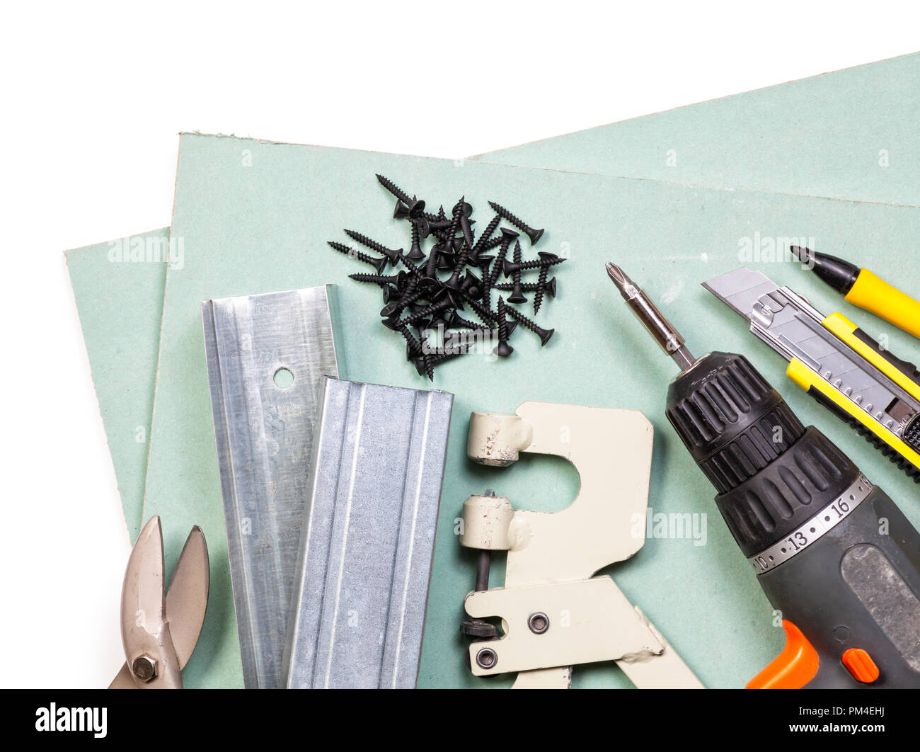 Plasterboard tools set with screws tape measure screwgun cutter marker ...