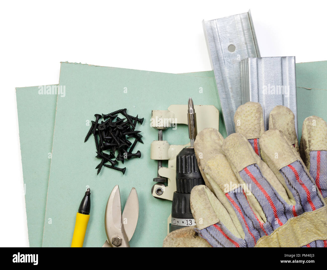 Plasterboard tools set with metal studs, screws, screwgun, punch lock ...