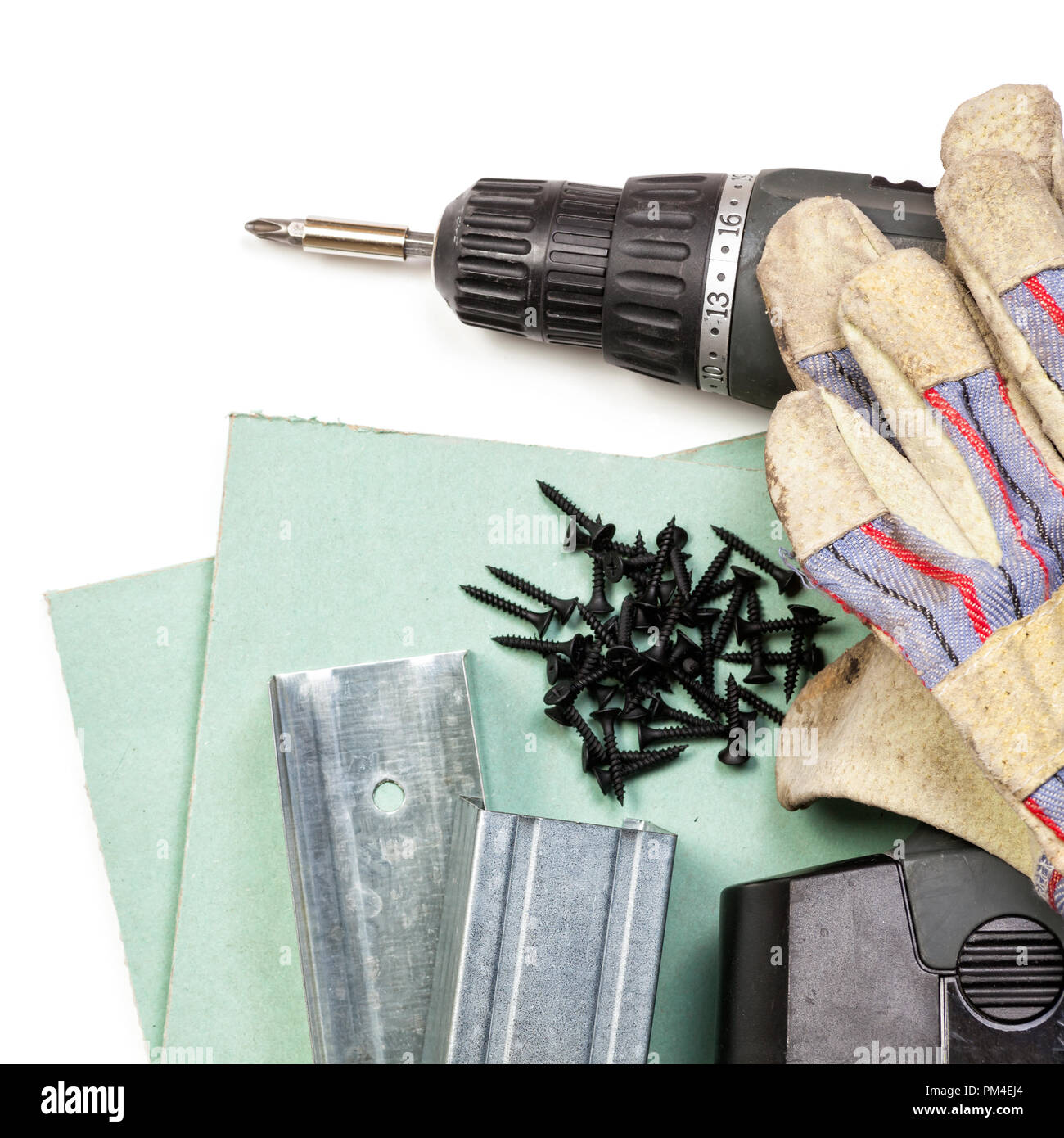 Plasterboard tools set with metal studs screws screwdriver and ...