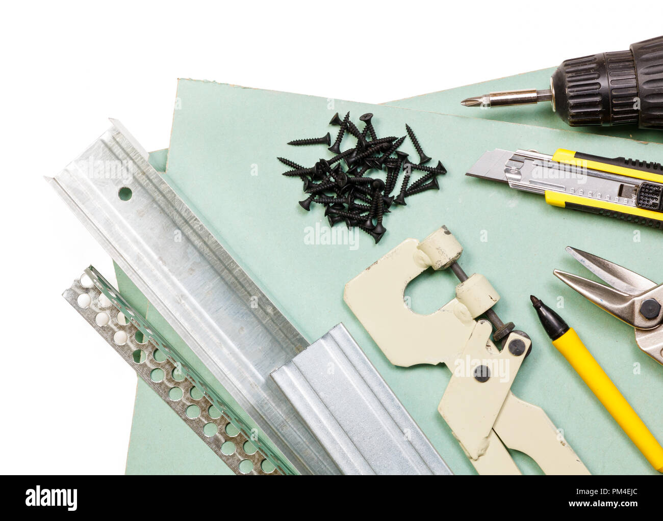 Plasterboard tools set with metal studs, screws, screwgun, cutter ...