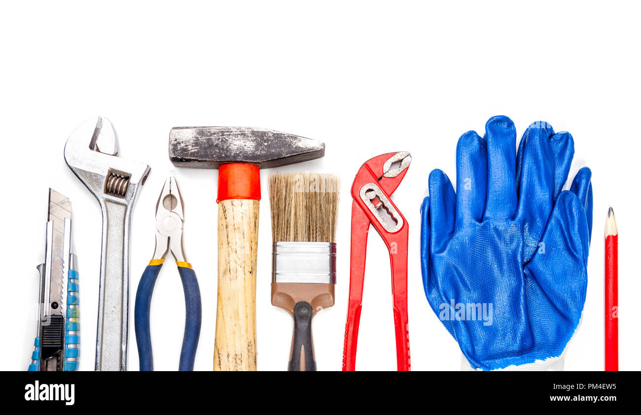 Work tool collection on white background with cutter adjustable spanner ...