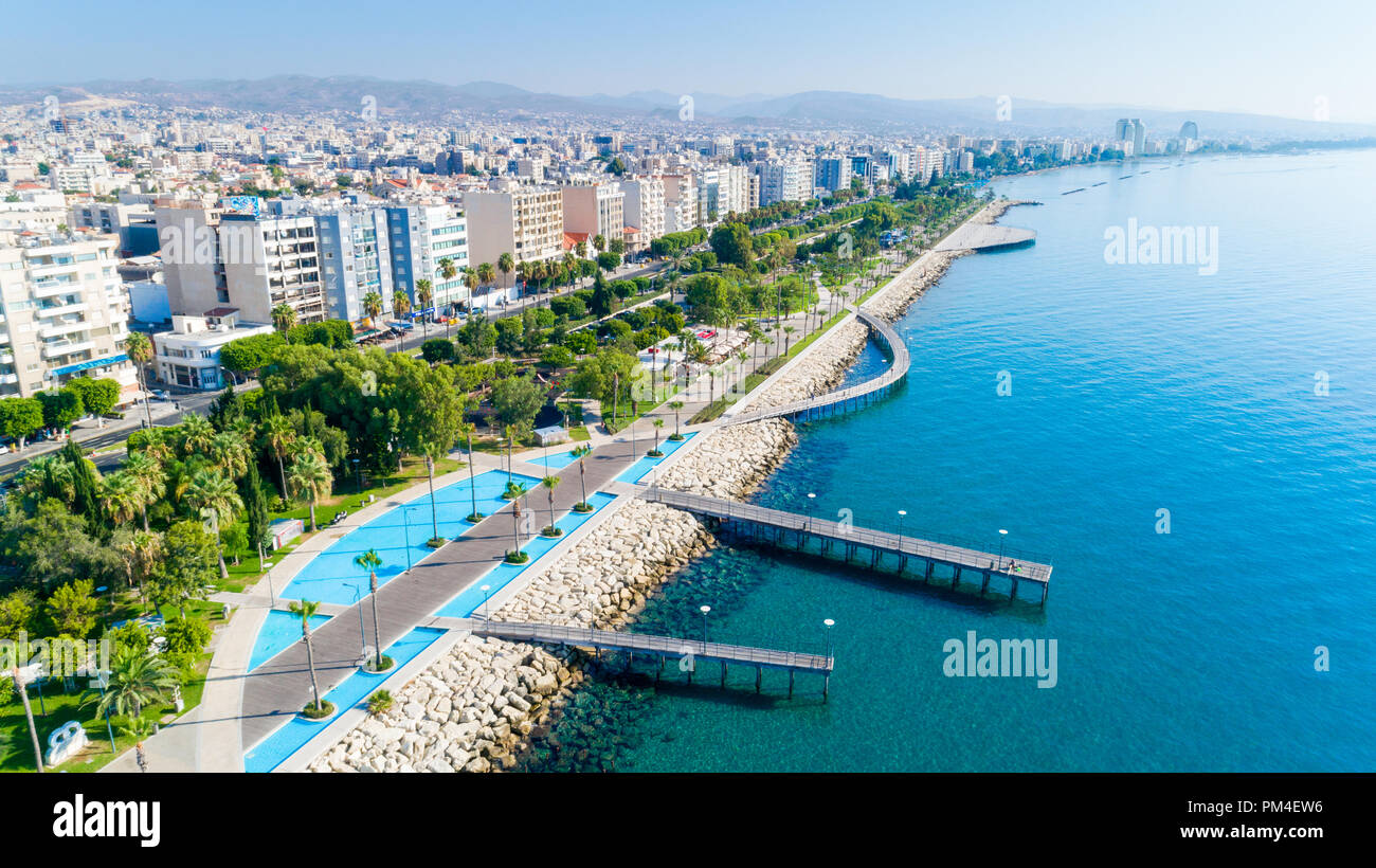 Aerial view of Molos Promenade park on the coast of Limassol city ...