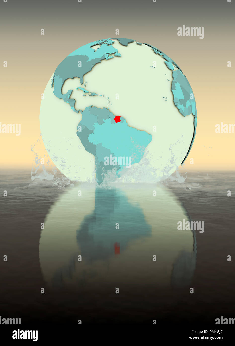 Suriname on globe splashed into the water. 3D illustration Stock Photo ...