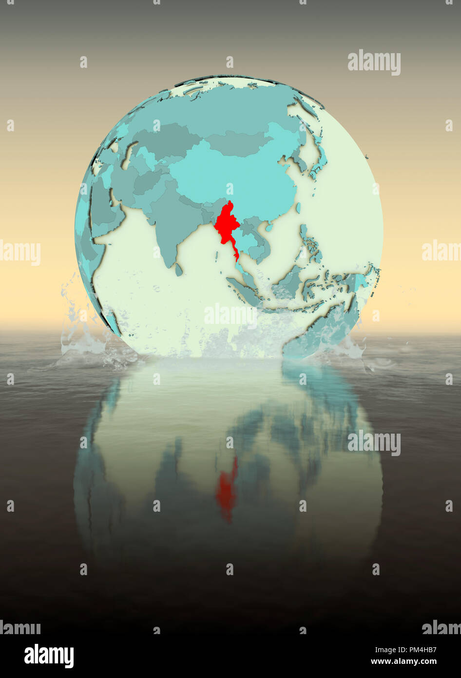 Myanmar on globe splashed into the water. 3D illustration Stock Photo ...