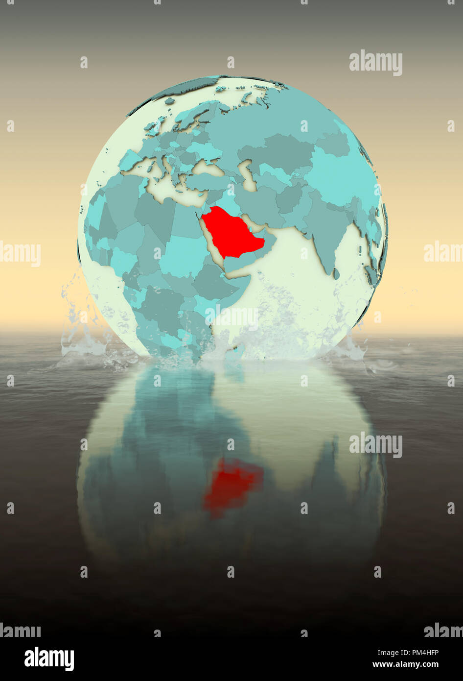 Saudi Arabia on globe splashed into the water. 3D illustration Stock ...
