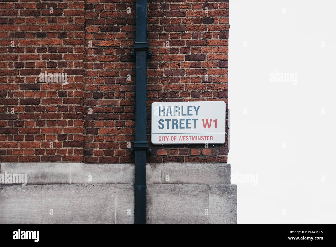 London, UK - July 26, 2018: Harley Street name sign on a building wall ...
