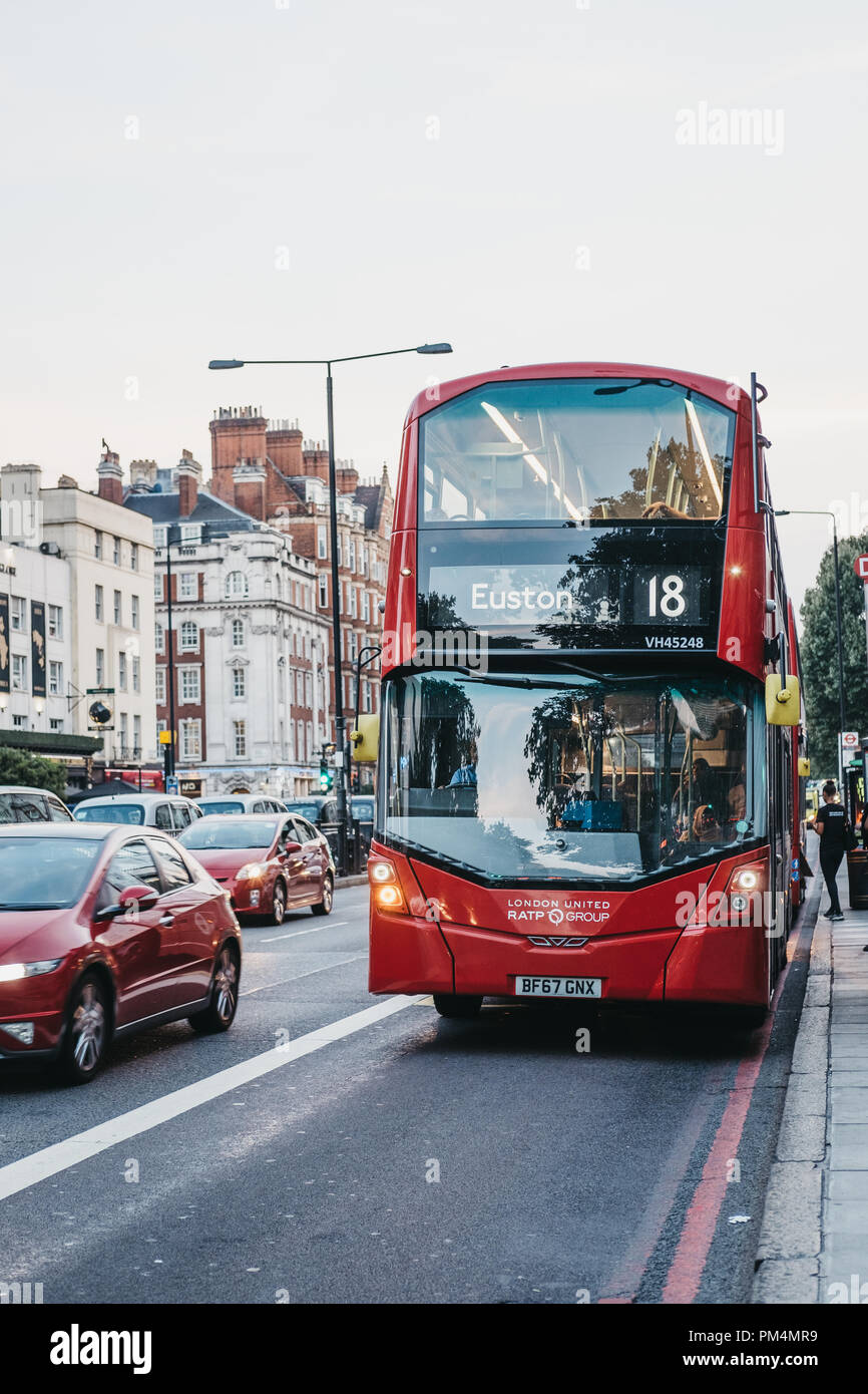 London, UK - July 26, 2018: Red double decker bus number 18 towards ...